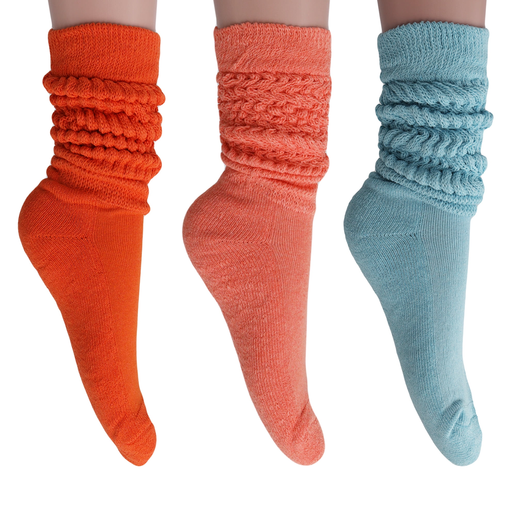 3 Pairs Slouch Socks Cotton Knee High Scrunch Socks (Orange-Peach-Sky ...