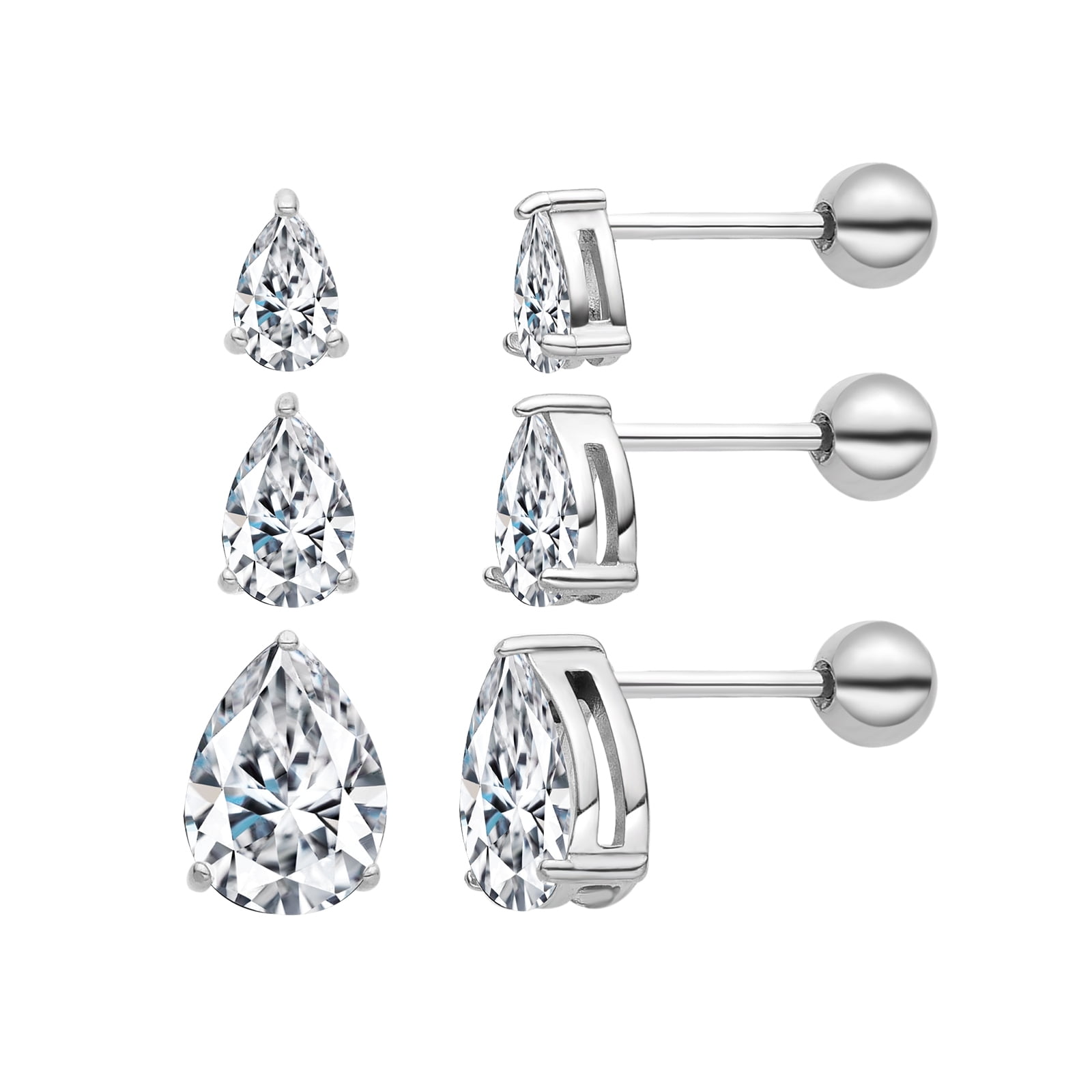 3 Pairs Surgical Stainless Steel Screw Back Stud Earrings, Heart Square ...