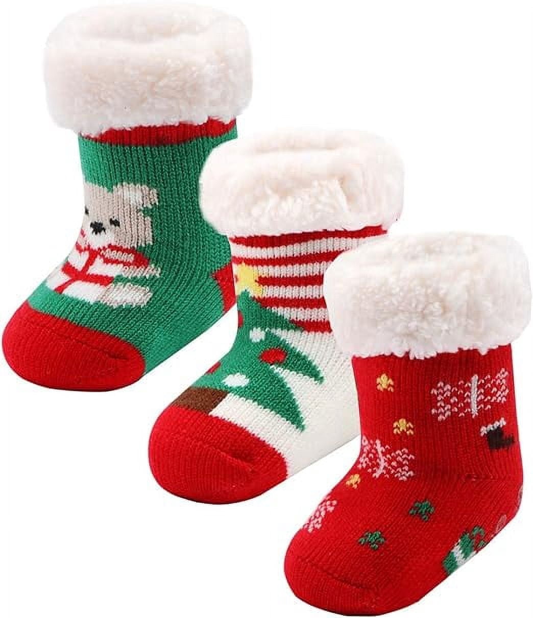 3 Pairs Toddler Girl Boy Sherpa-lined Fuzzy Socks, Baby Christmas ...