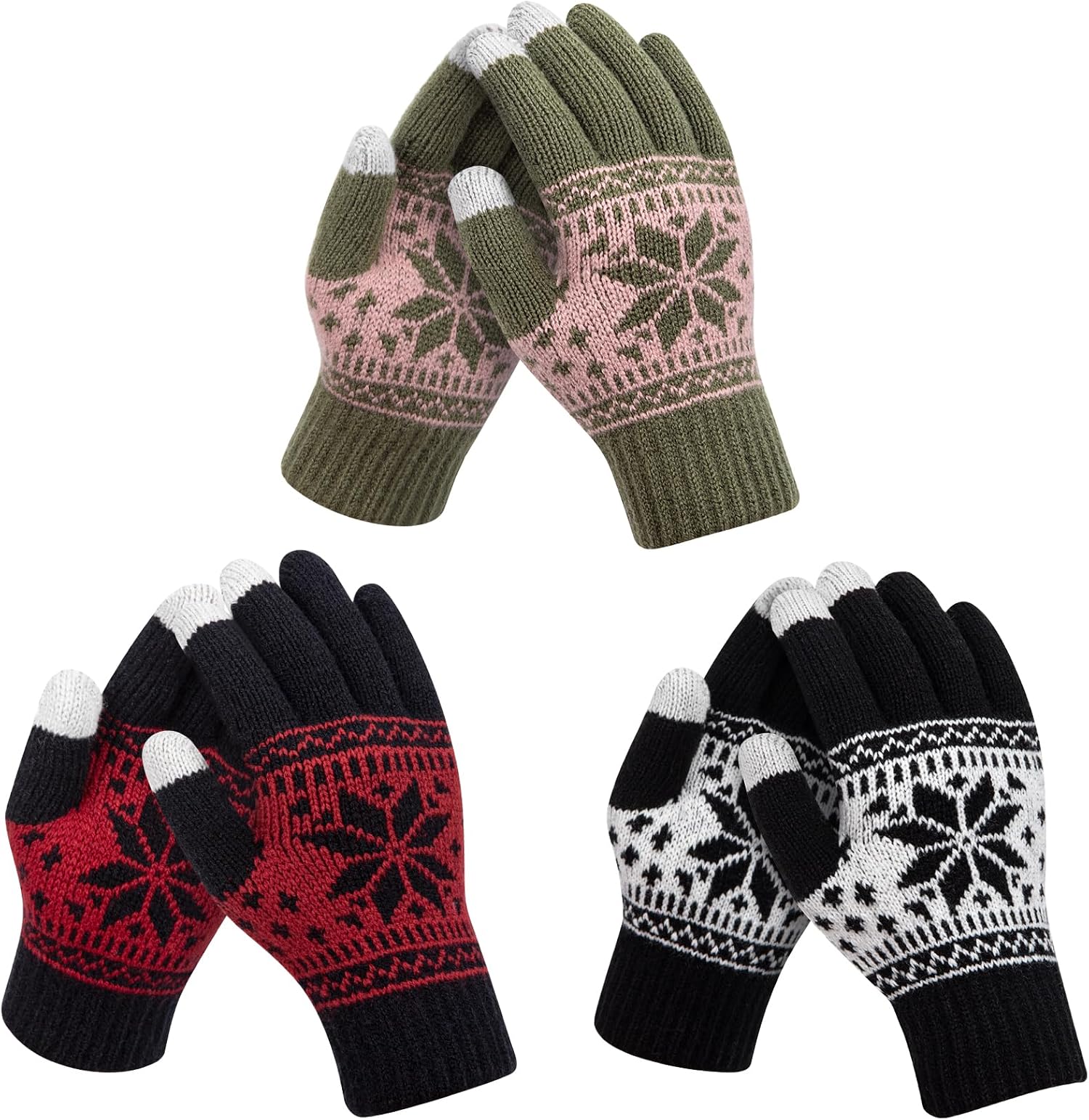 3 Pairs Touch Screen Gloves Snow Flower, Warm Knit Winter Gloves ...