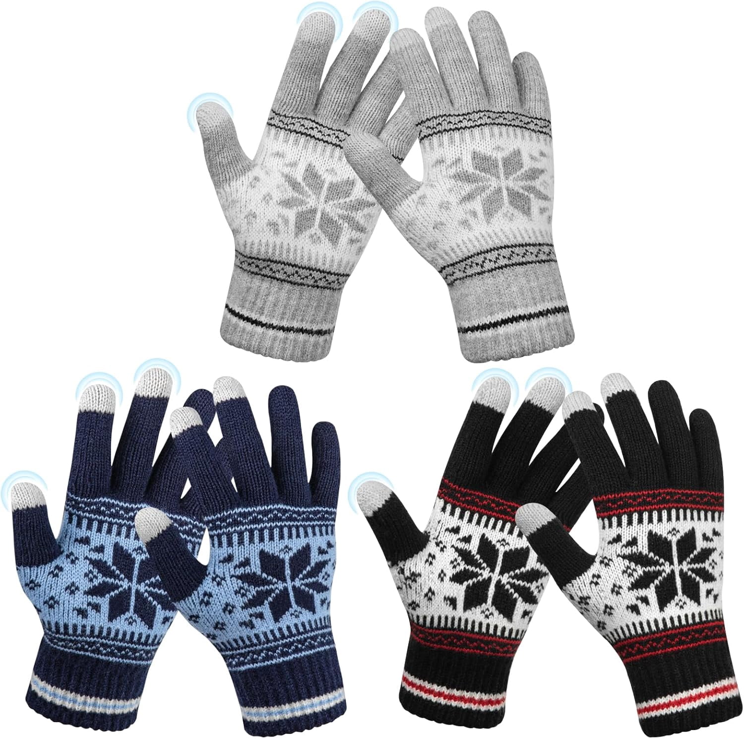 3 Pairs Touch Screen Gloves with Snow Flower Pattern, Warm Knit Winter ...