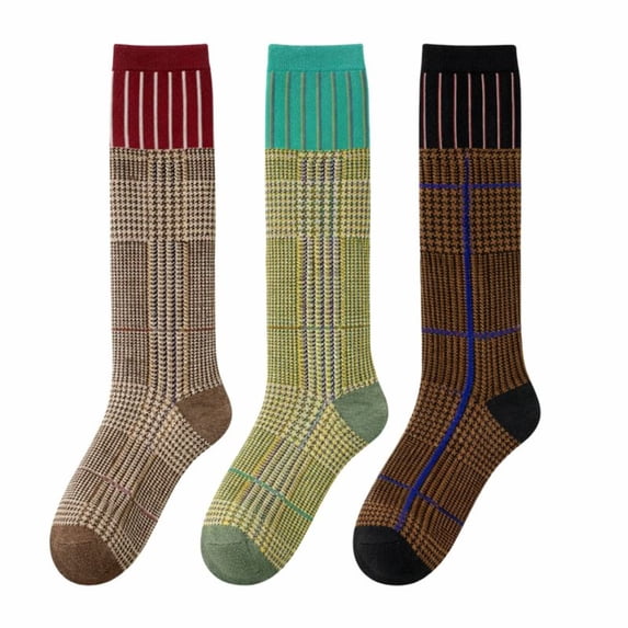 3 Pairs Vintage Barn Style Crew Socks, Color Block Plaid & Houndstooth ...