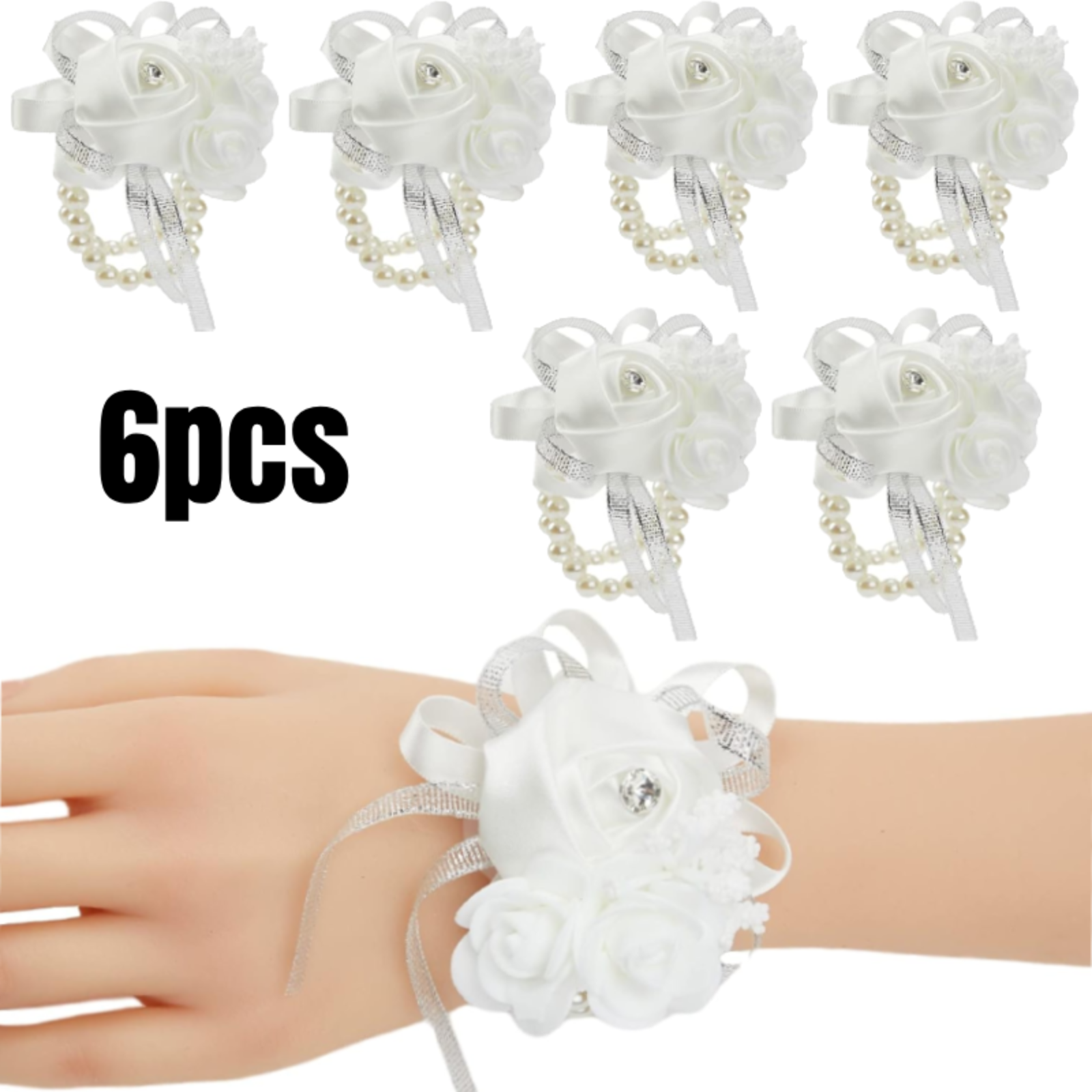 3 Pairs Wedding Corsages Prom Wrist Flower Set Ivory Rose Boutonniere ...