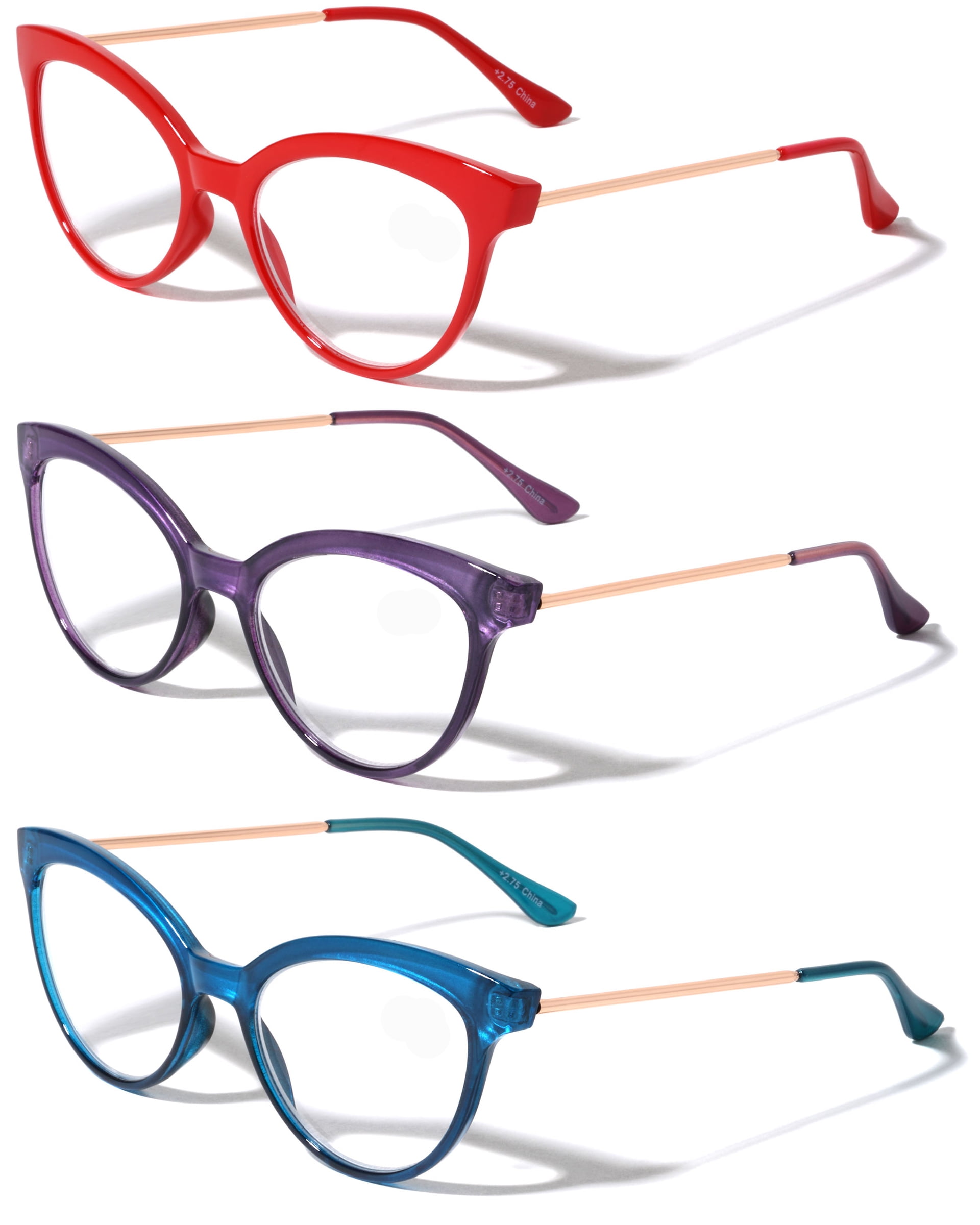 3 Pairs Women Cateye Pointed Tip Reading Glasses - Metal Temple Cat Eye ...