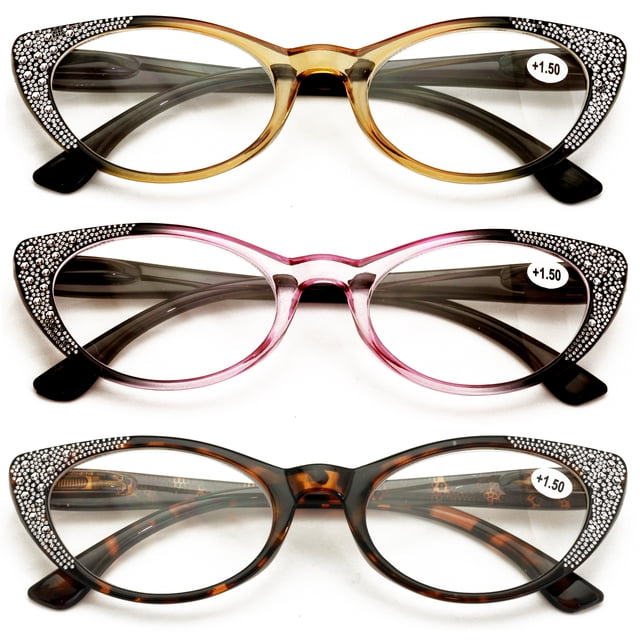 3 Pairs Women Cateye Reading Glasses Rhinestones - Stylish Comfortable ...