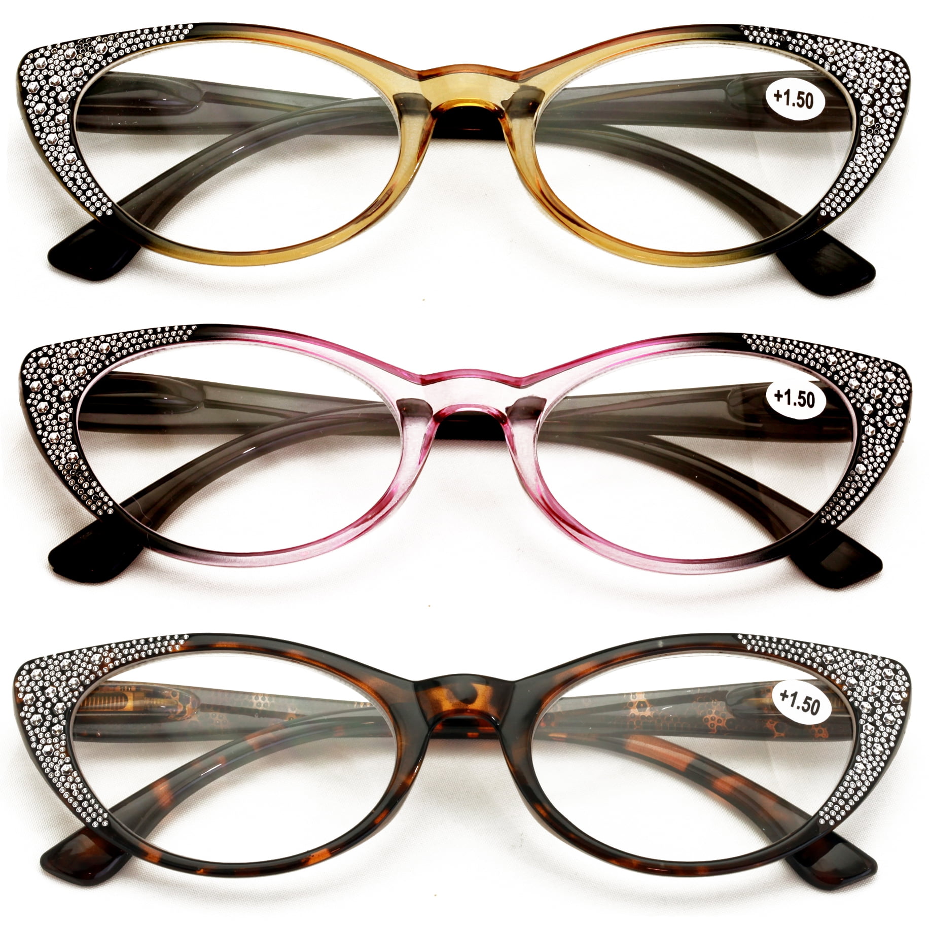 V.W.E. Women's Cat-Eye Reading Glasses, Rhinestones, Spring Hinge ...