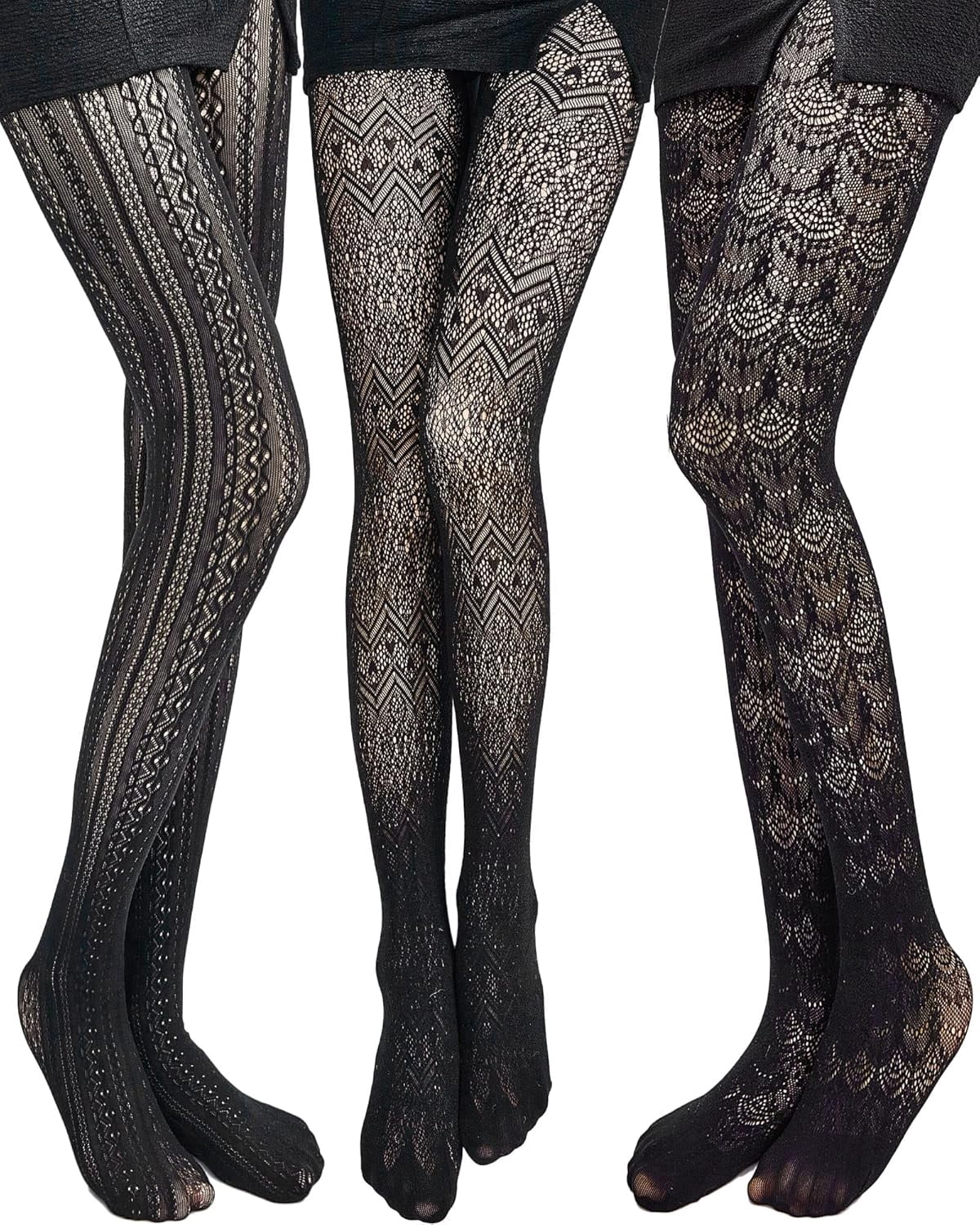 3 Pairs Women Patterned Tight Fishnet Hollow out Knitted Tights ...