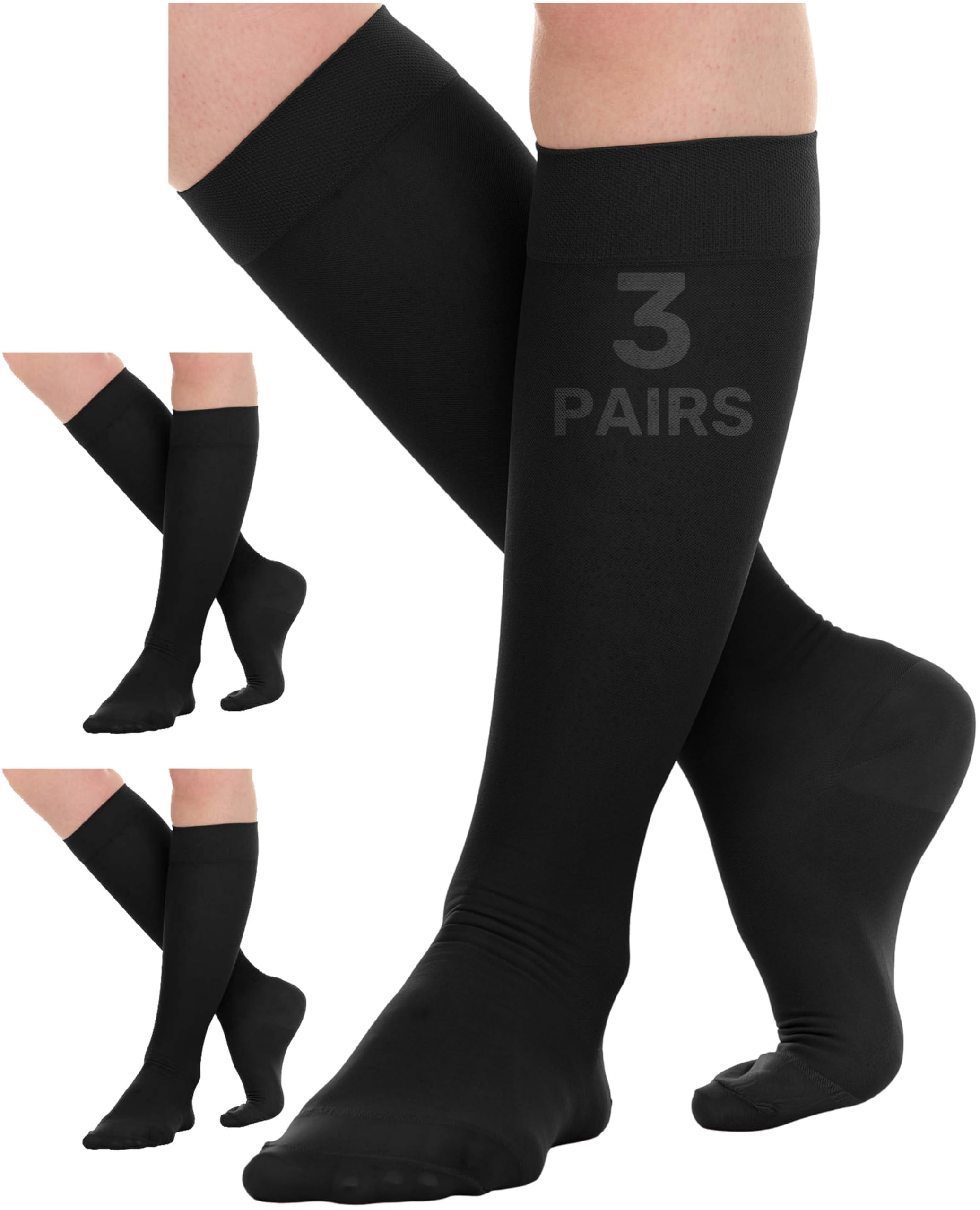 (3 Pairs) Women Sheer Graduated Compression Stockings 15-20mmHg Black ...