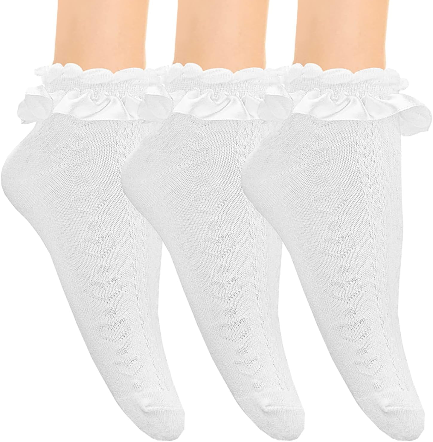 3 Pairs Women's Frilly Socks，Lace Topped Ankle Socks，Ruffle Sock ...