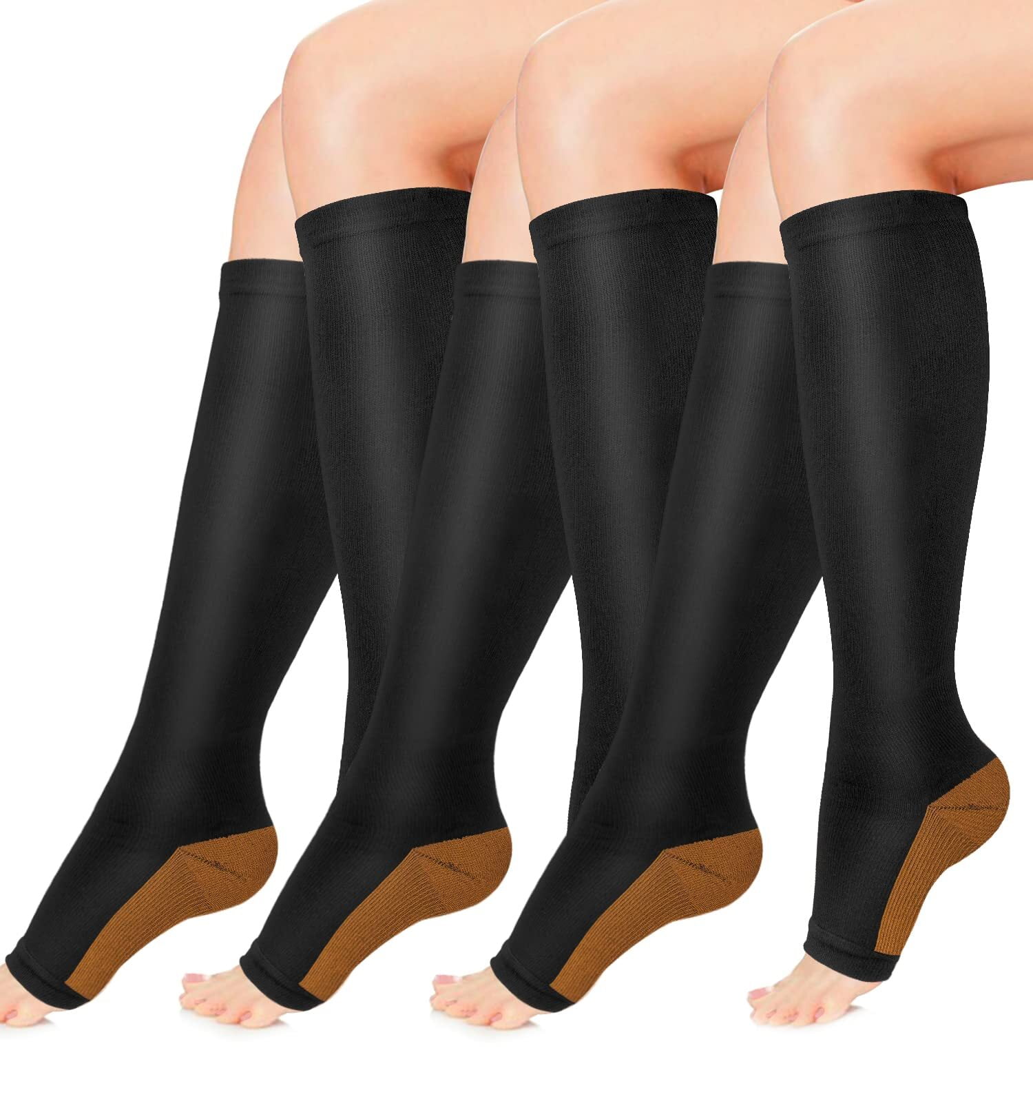 3 Pairs Zipper Open Toe Copper Compression Socks for Women & Men ...