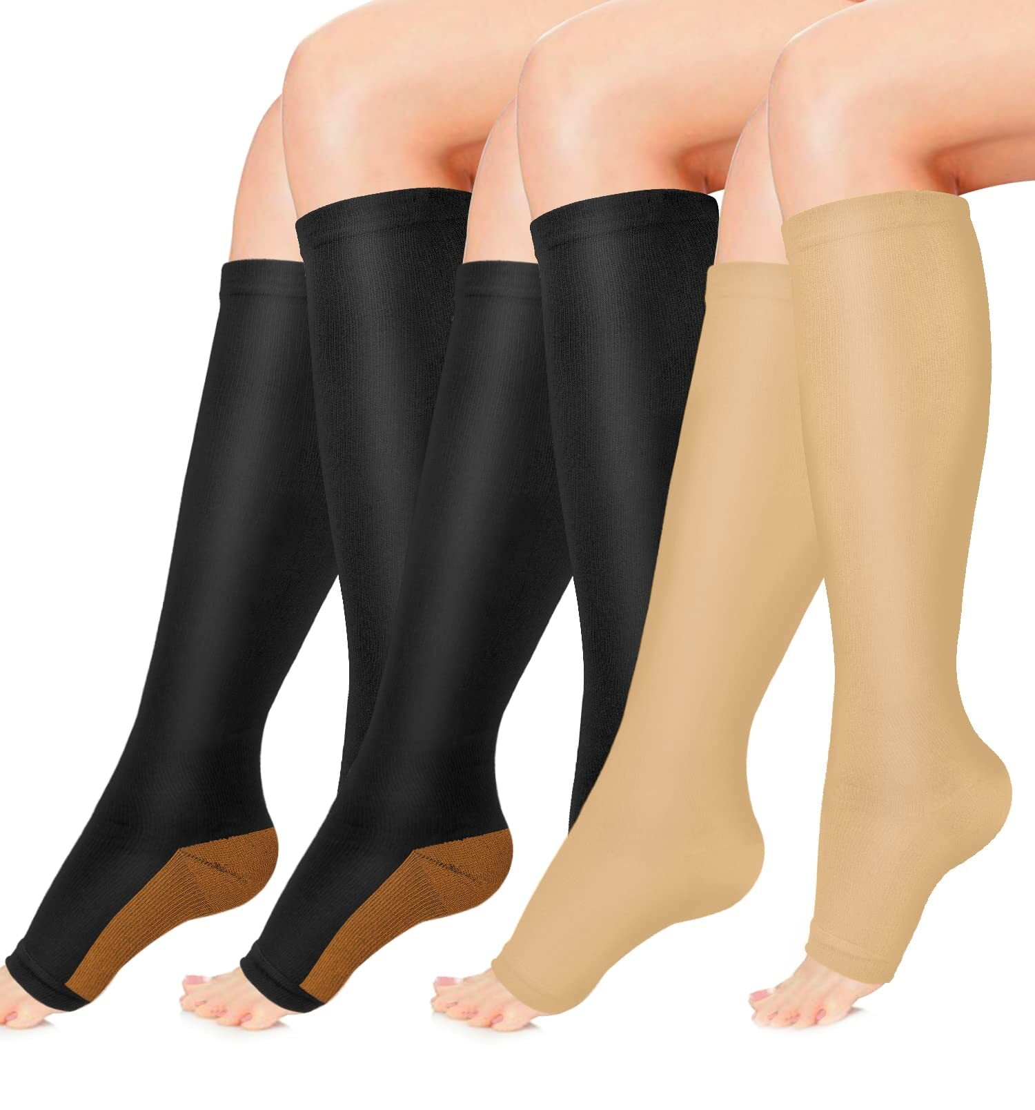 3 Pairs Zipper Open Toe Copper Compression Socks for Women & Men ...