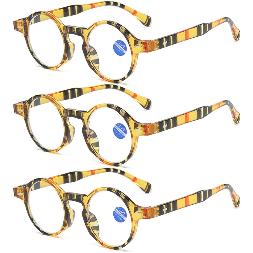 3 Pairs of Classic Yellow Strip Round Reading Glasses 3.50 Blue Light ...