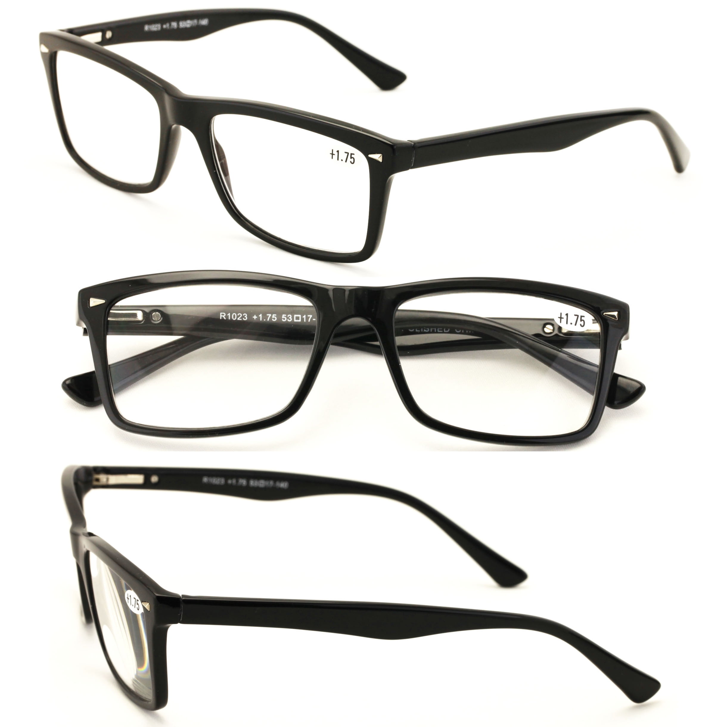 3 Pairs of Gloss Black Rectangular Modern Reading Glasses with Spring ...