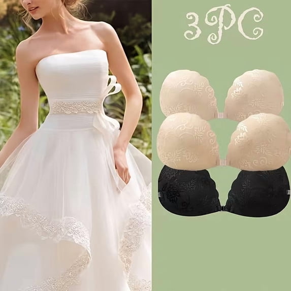 3 Pairs of Self-Adhesive Lace Bras with Transparent Straps and Nipple ...