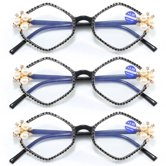 3 Pairs of Women Diamond Shape Reading Glasses 2.50 Ladies Black Frame ...