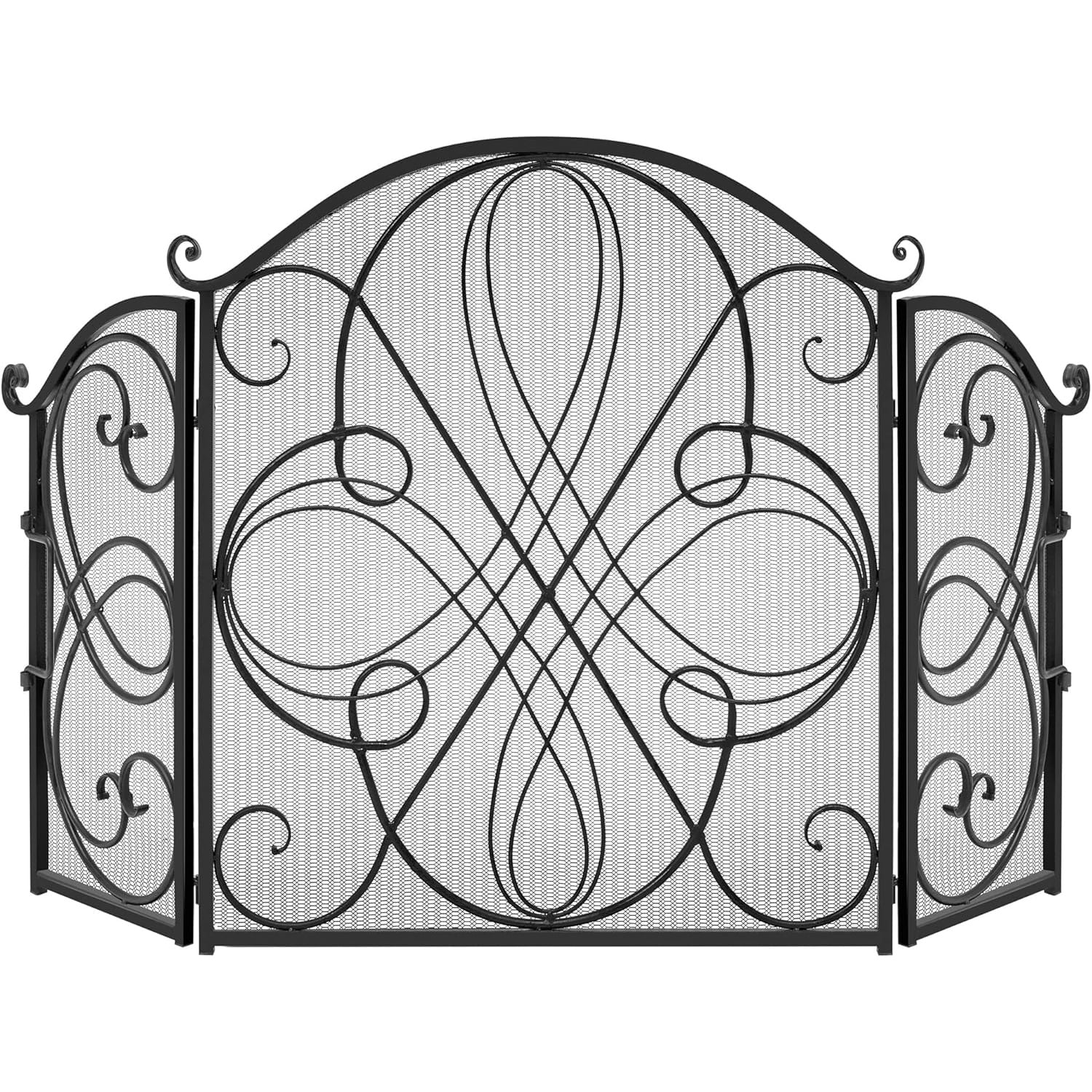 3-Panel 55x33in Solid Wrought Iron See-Through Metal Fireplace Screen ...