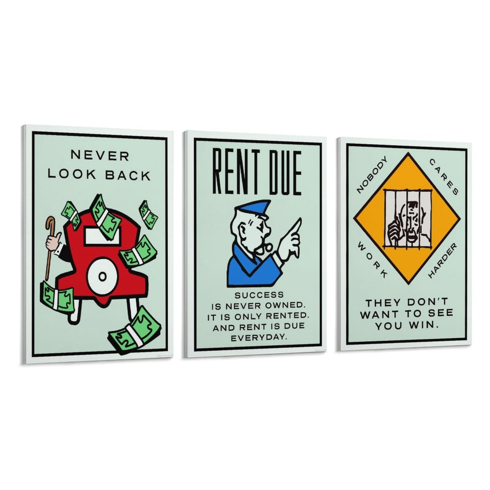 3 Panel Alec-Monopolys Never Look Back RENT DUE Nobody Cares Print ...