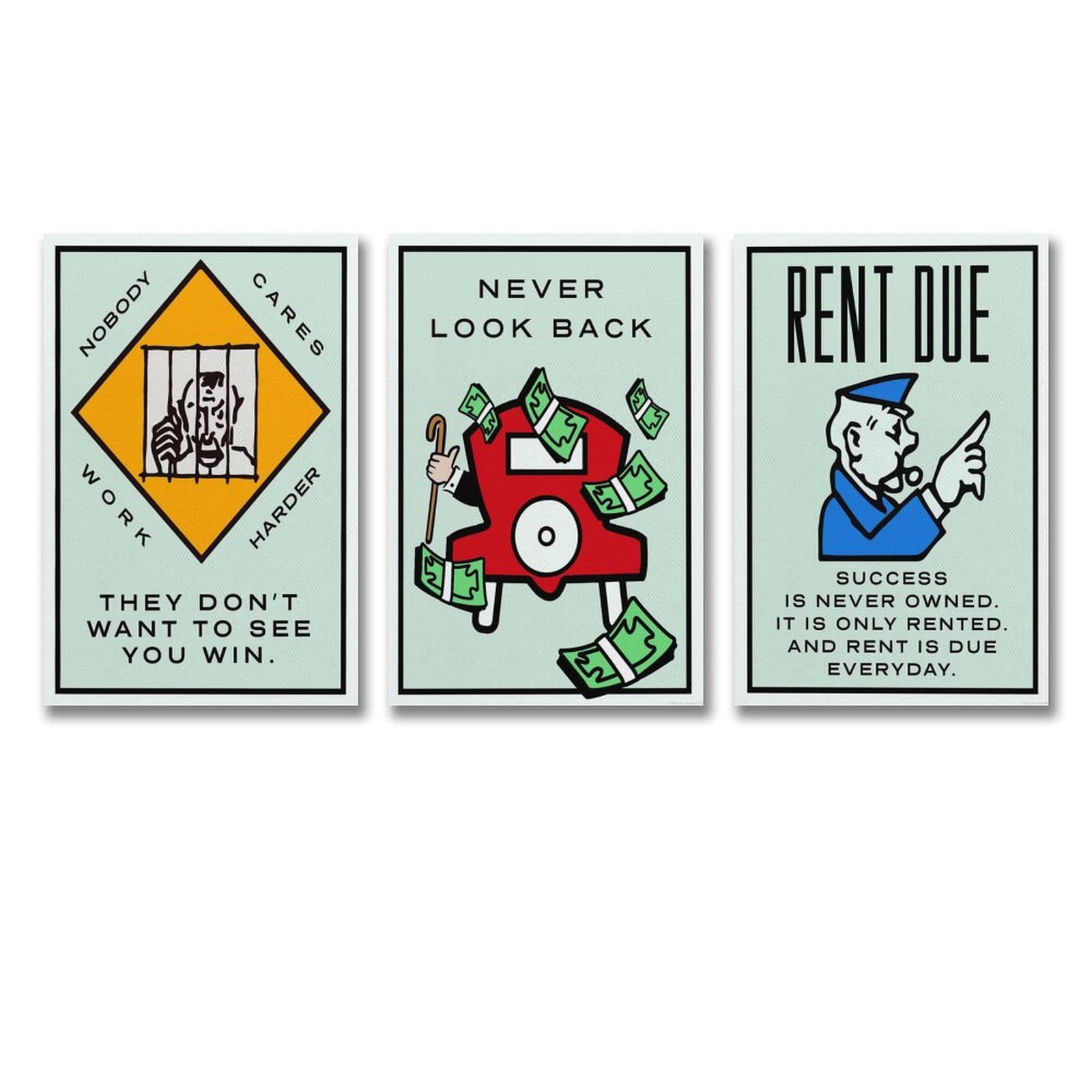 3 Panel Alec-Monopolys Never Look Back RENT DUE Nobody Cares Print ...