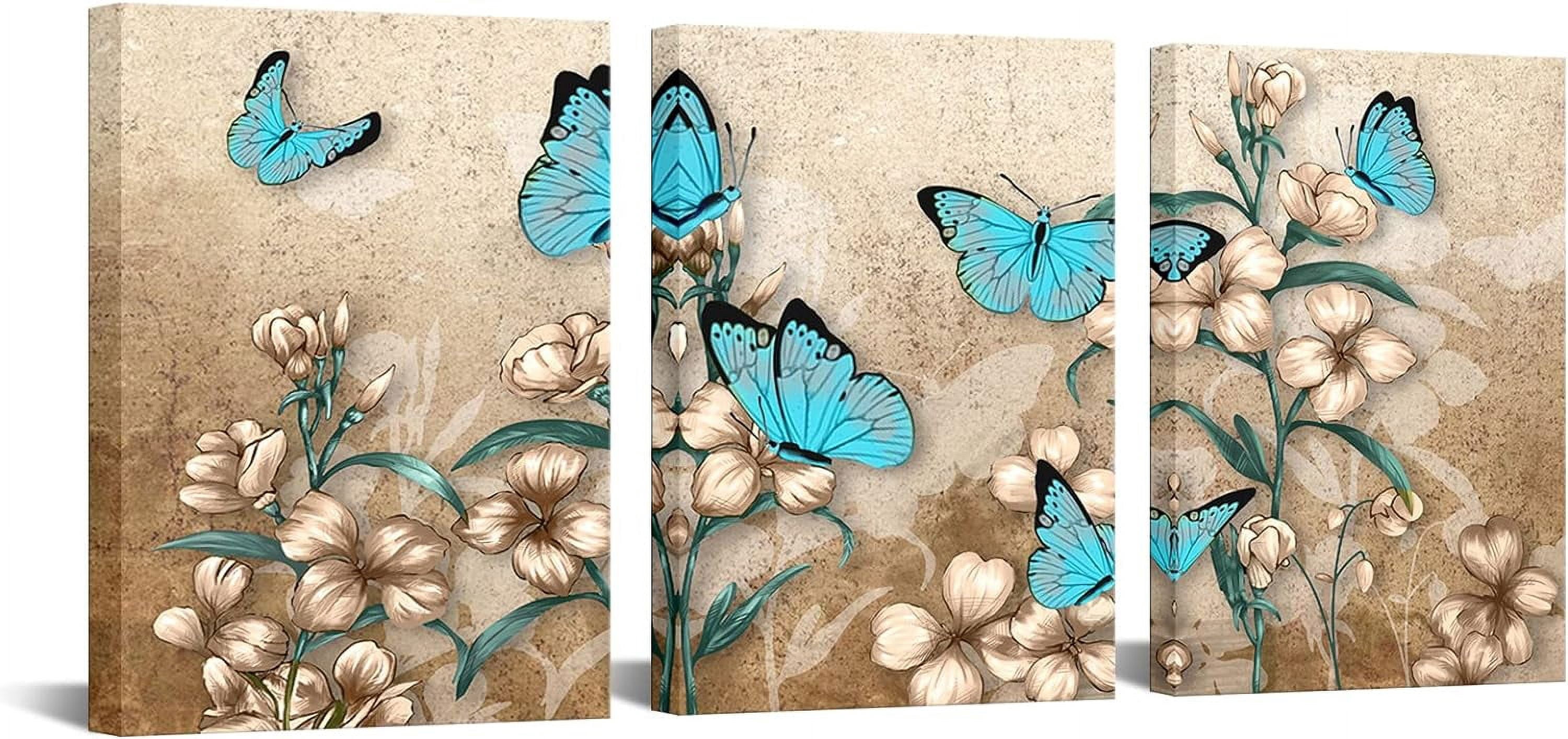 3 Panel Canvas Print Blue Butterfly Wall Art Brown Flower Painting on ...