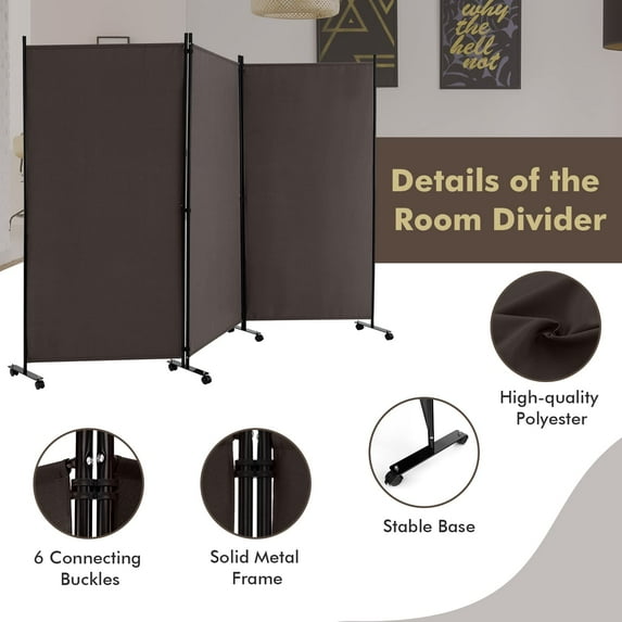 3 Panel Fabric Room Divider with Wheels, 103"W x 71"H Folding Privacy ...