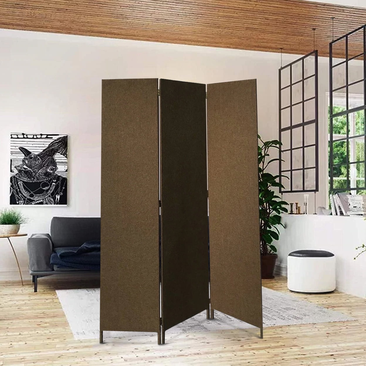 3 Panel Fabric Upholstered Wooden Screen with Straight Legs, Brown ...