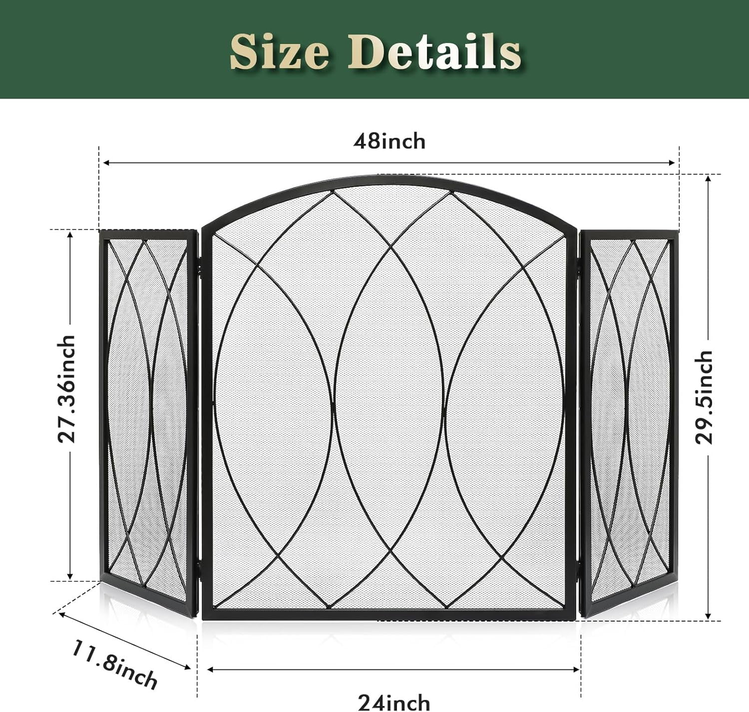 3 Panel Fireplace Screen 48" W x 29.5" H Modern Foldable with Wrought ...