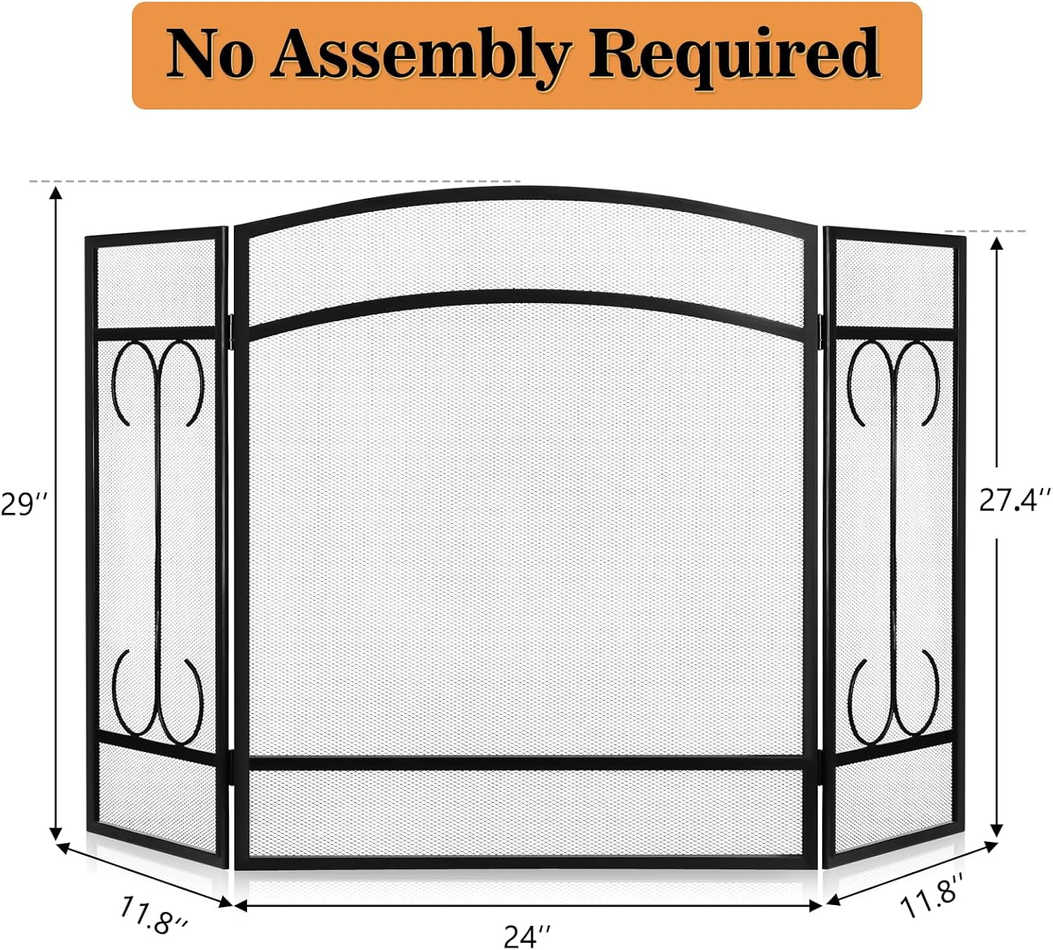 3 Panel Fireplace Screen 48" W x 29" H Modern Wrought Iron Decorative ...
