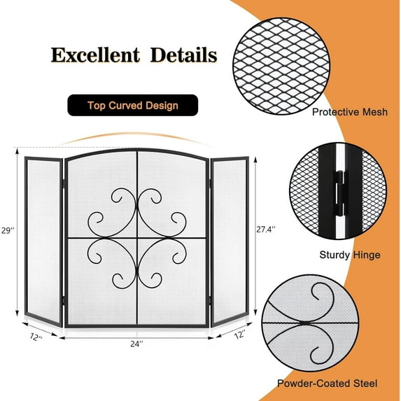 3 Panel Fireplace Screen 48" W x 29" H Wrought Iron Decorative Fire ...