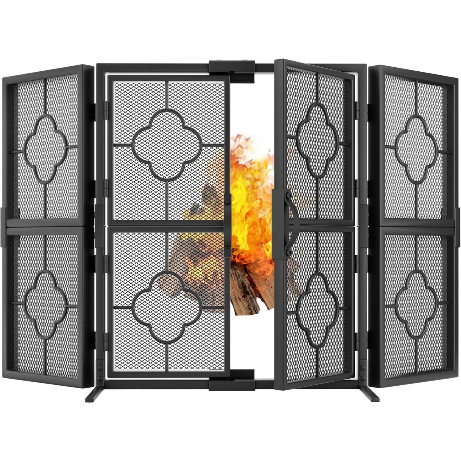 3 Panel Fireplace Screen with Doors 48" W x 28" H Foldable Wrought Iron ...