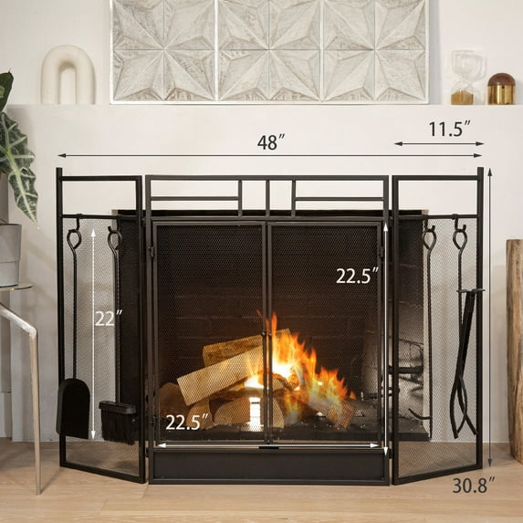 3 Panel Fireplace Screen Fire Spark Guard Hinged Doors With 4-Fireplace ...