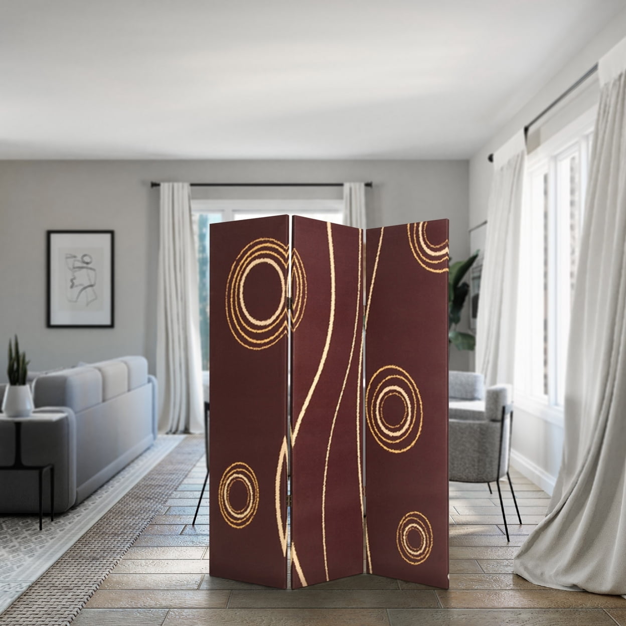 3 Panel Foldable Canvas Room Divider with Circle Design, Brown and ...