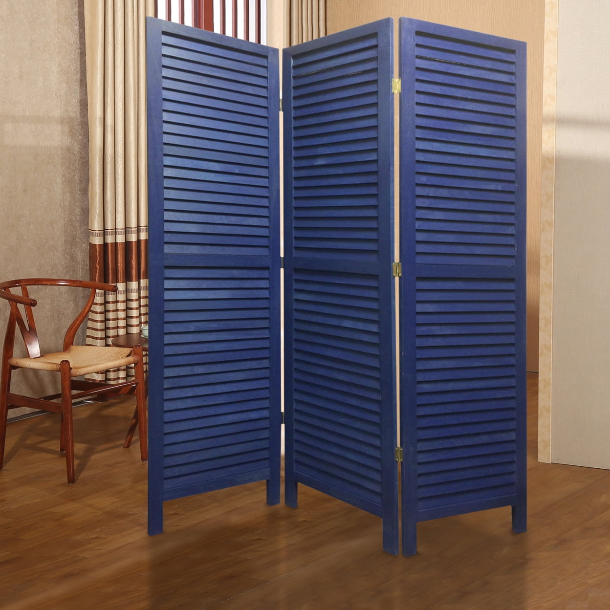 3 Panel Foldable Wooden Shutter Screen with Straight Legs, Blue ...