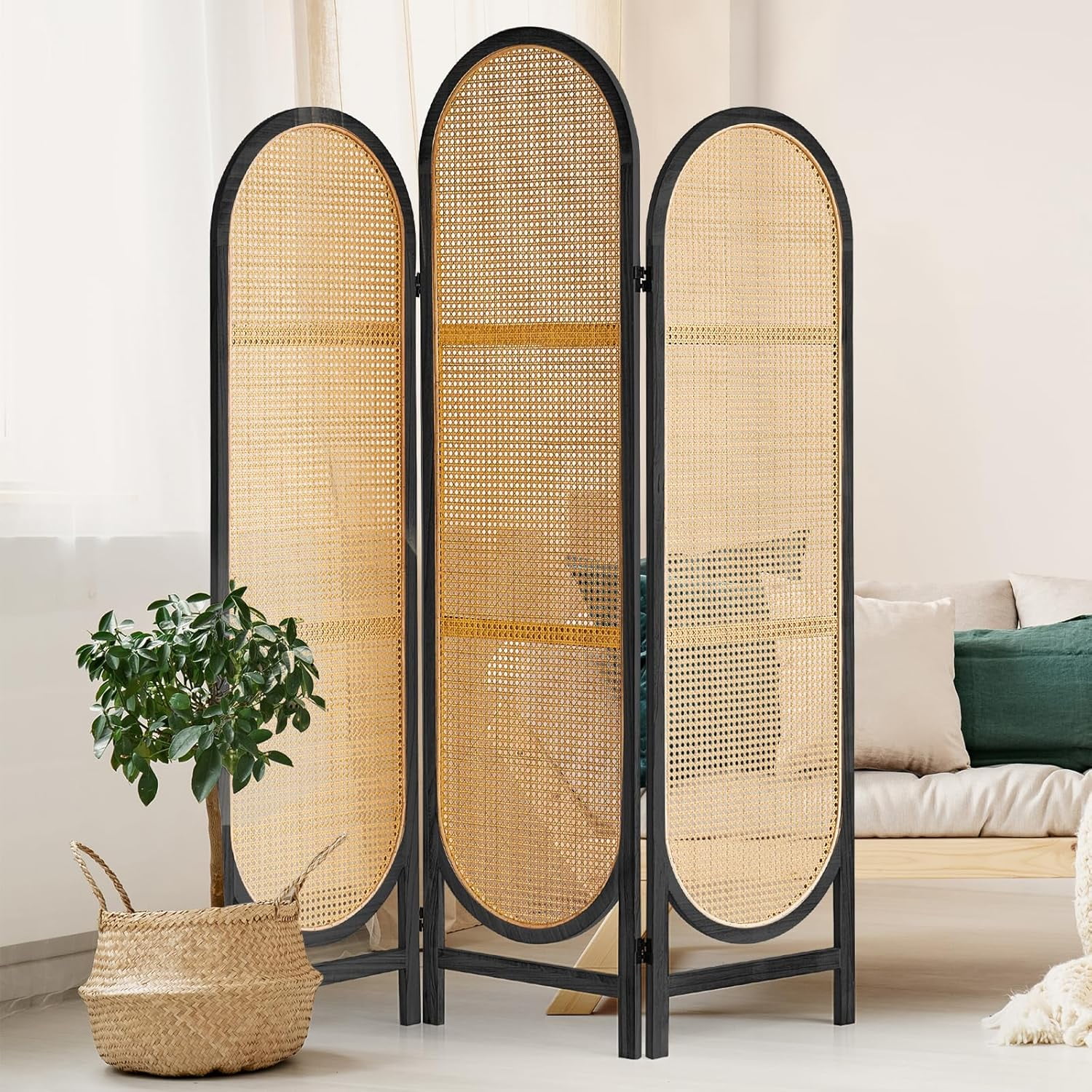 3 Panel Folding Room Divider, Hand-Woven Rattan Room Dividers and ...