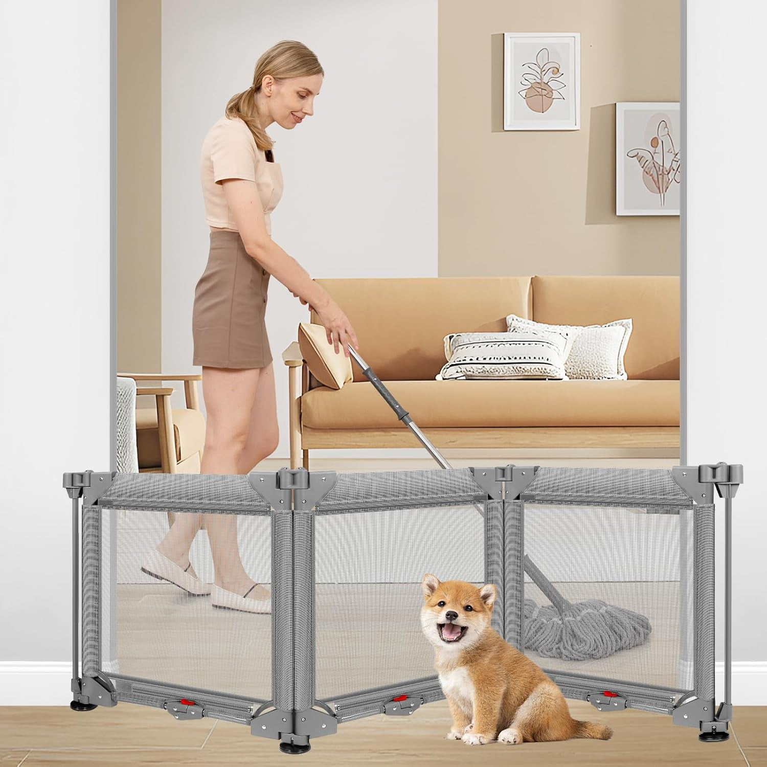 3-Panel Free Standing Dog Gate with 4 Suction Cups, 60 x24 Inch Tall ...