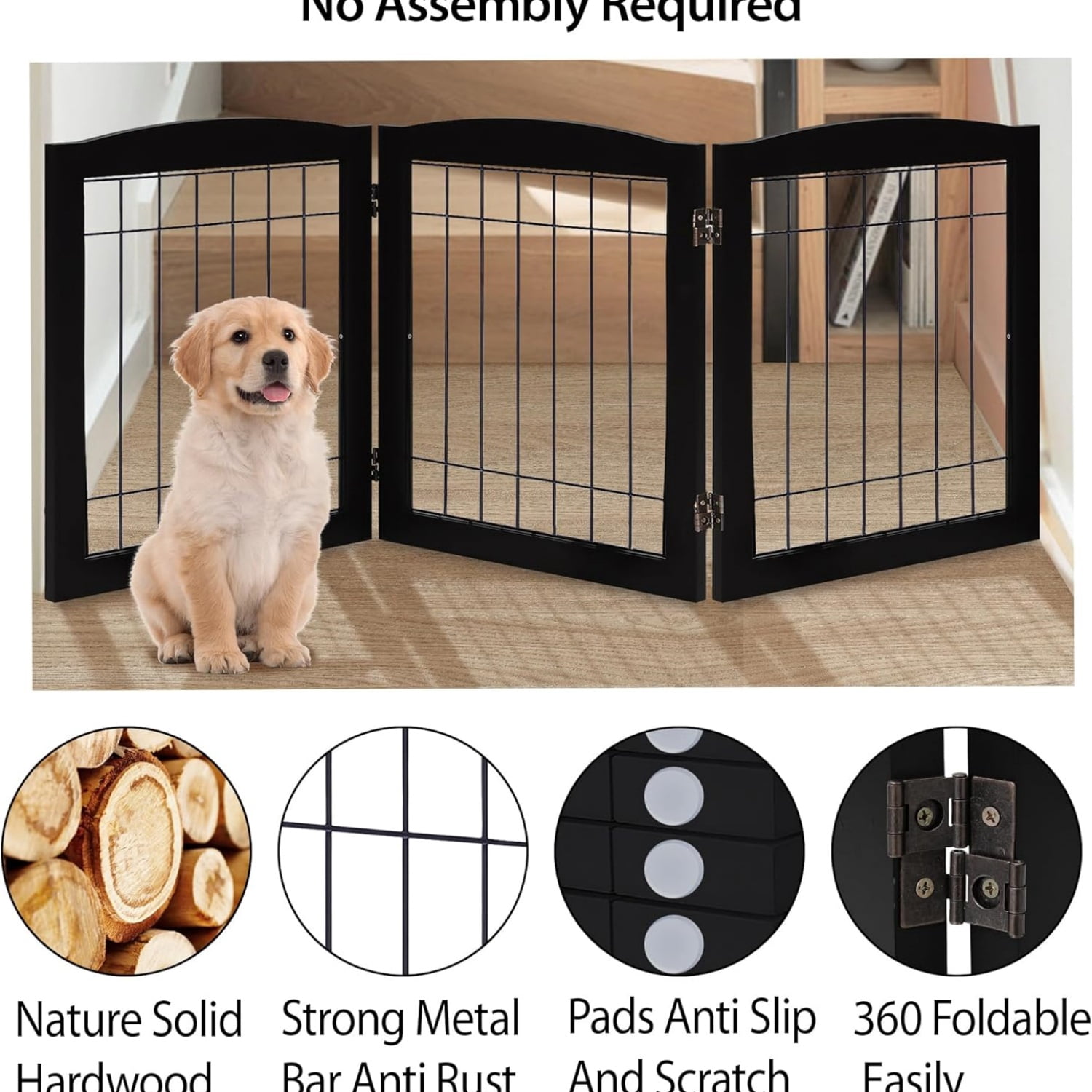 3-Panel Freestanding Foldable Wooden Dog Gate –Solid Wood & Steel Wire ...