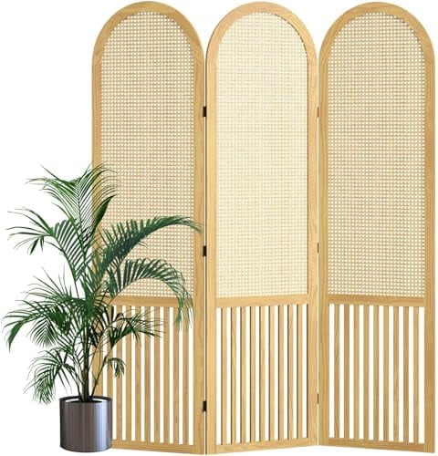 3-Panel Hand-Woven Rattan Room Divider, Tall Foldable Privacy Screen ...