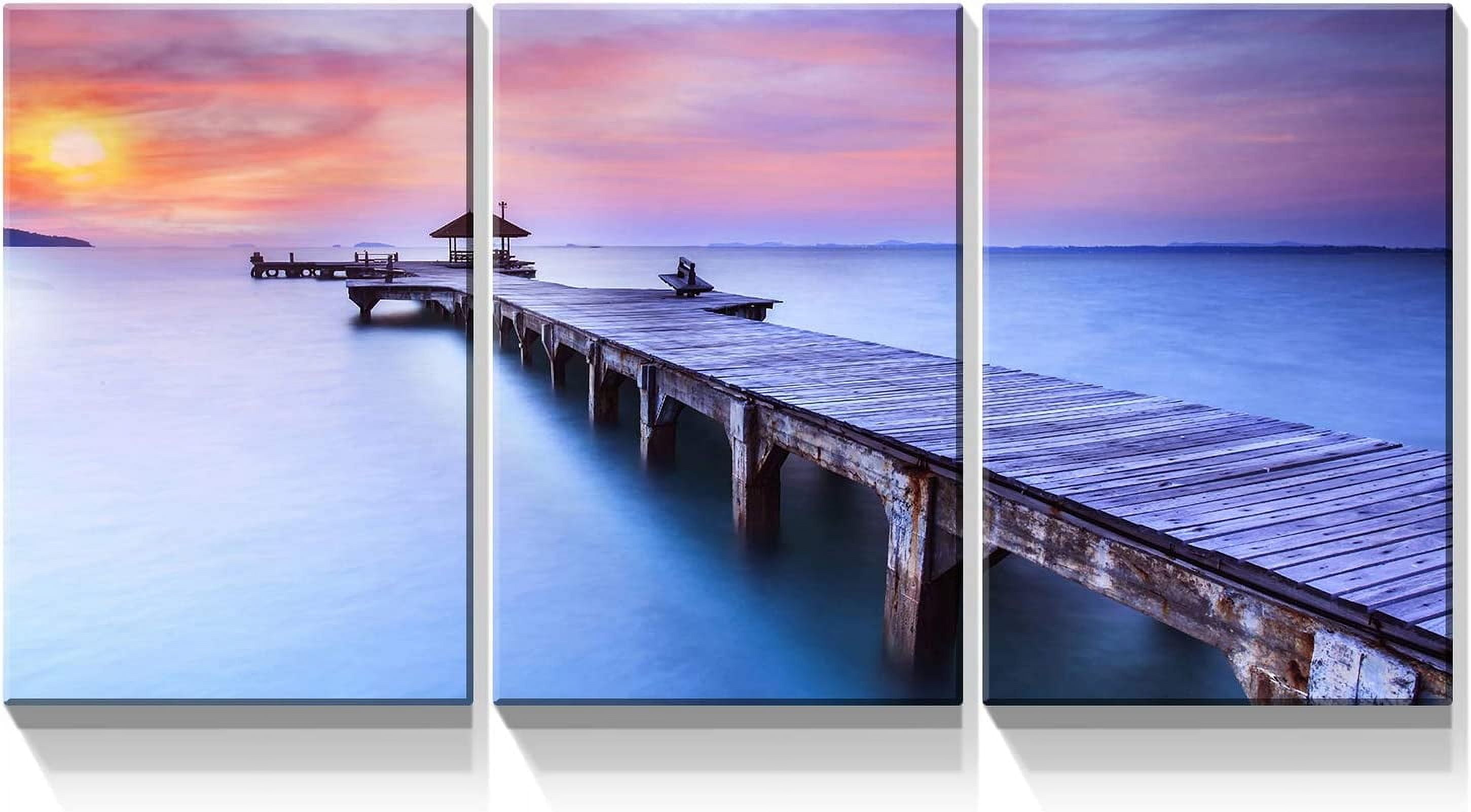 3 Panel Lake Pier Canvas Wall Art - Landscape Seashore Boardwalk ...