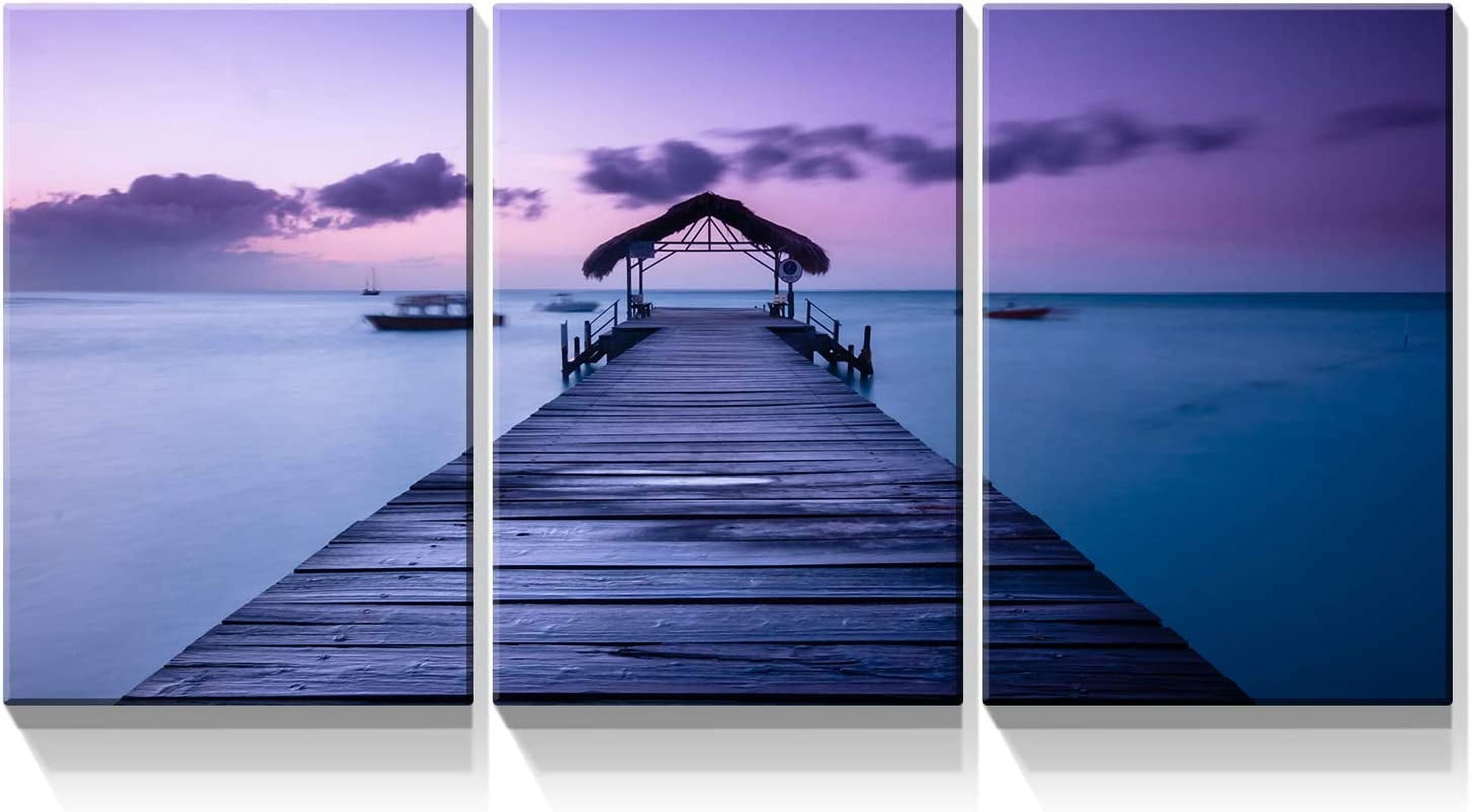 3 Panel Lake Pier Canvas Wall Art - Landscape Seashore Boardwalk ...