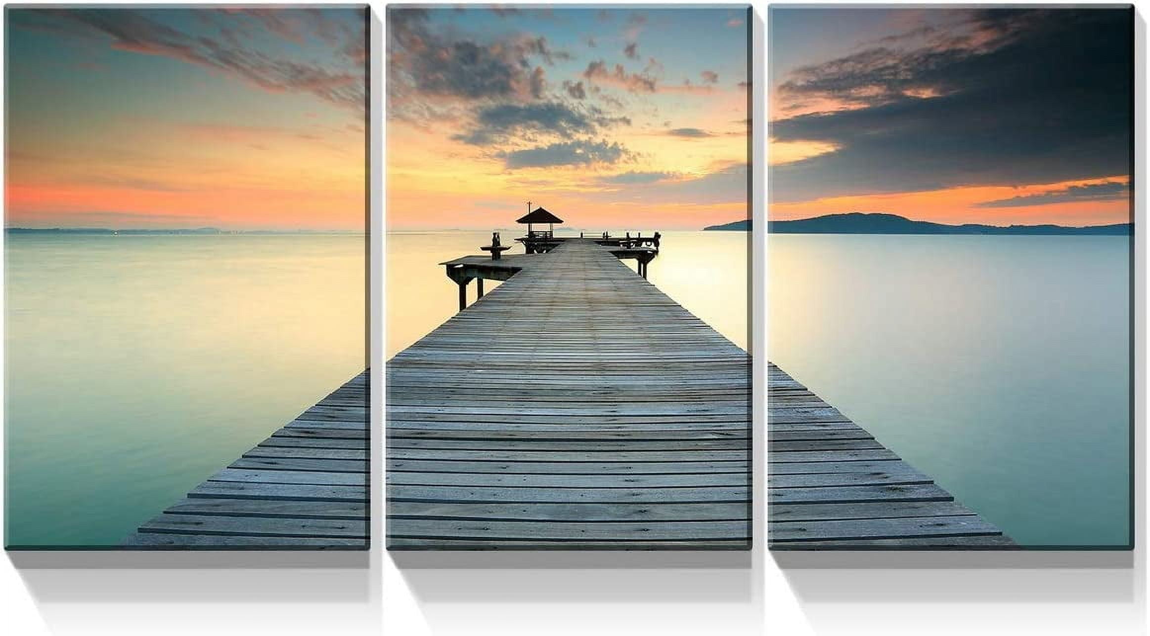 3 Panel Lake Pier Canvas Wall Art - Landscape Seashore Boardwalk ...