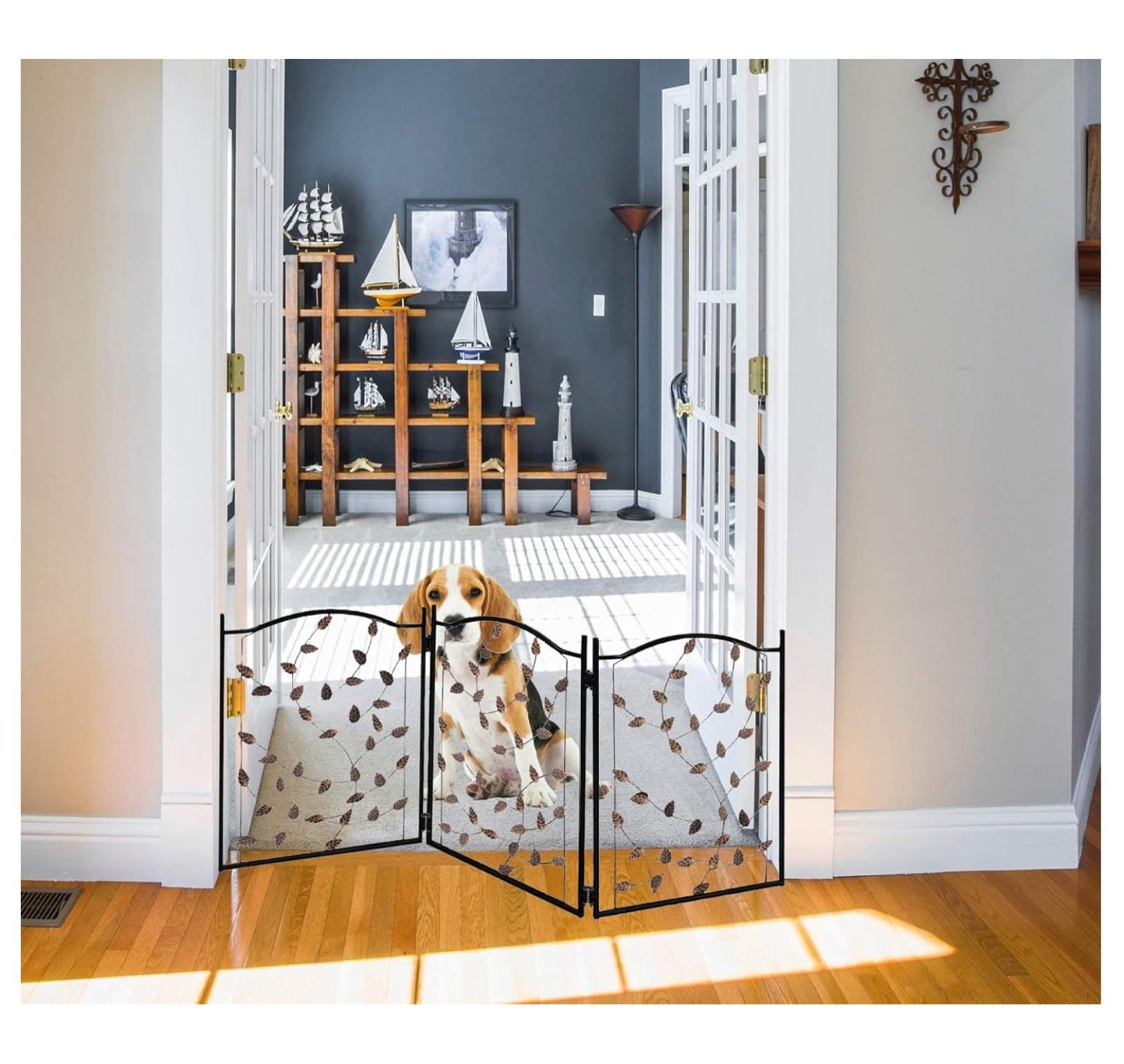 3 Panel Leaf Design Metal Pet Gate - Durable Lightweight Extra Wide ...