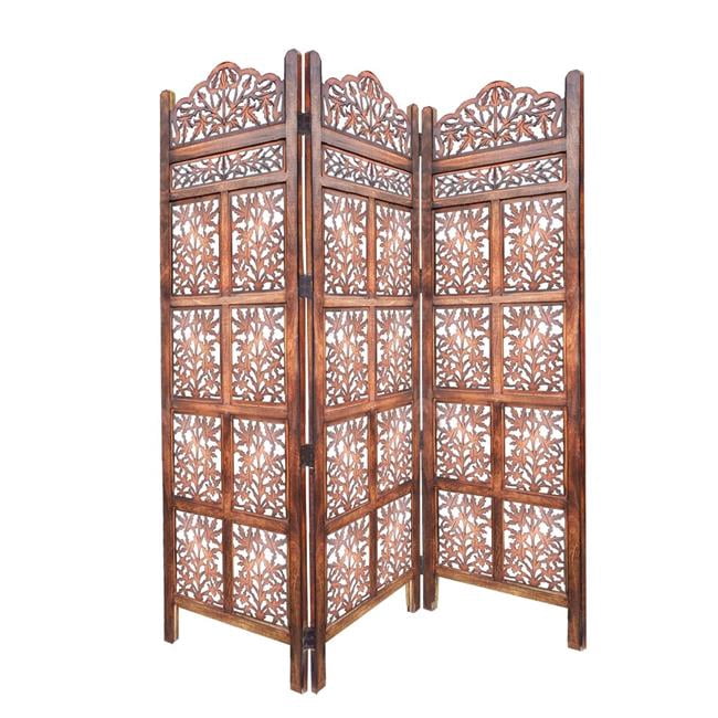 3 Panel Mango Wood Screen with Intricate Cutout Carvings, Brown ...