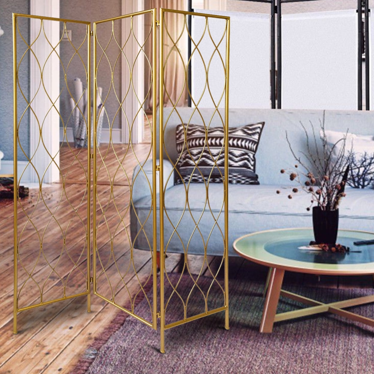 3 Panel Metal Frame Screen with Twisted Oval Design, Gold - Saltoro ...