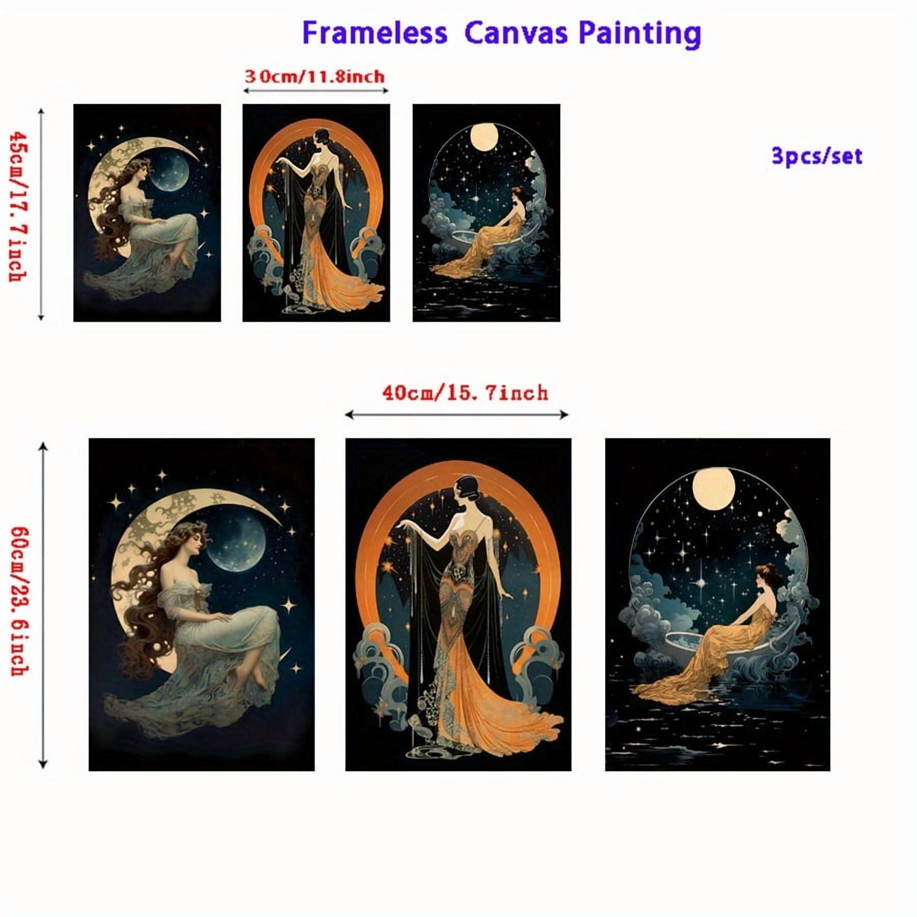 3-Panel Modern Moon Goddess Canvas Wall Art Set - Art Nouveau Style ...