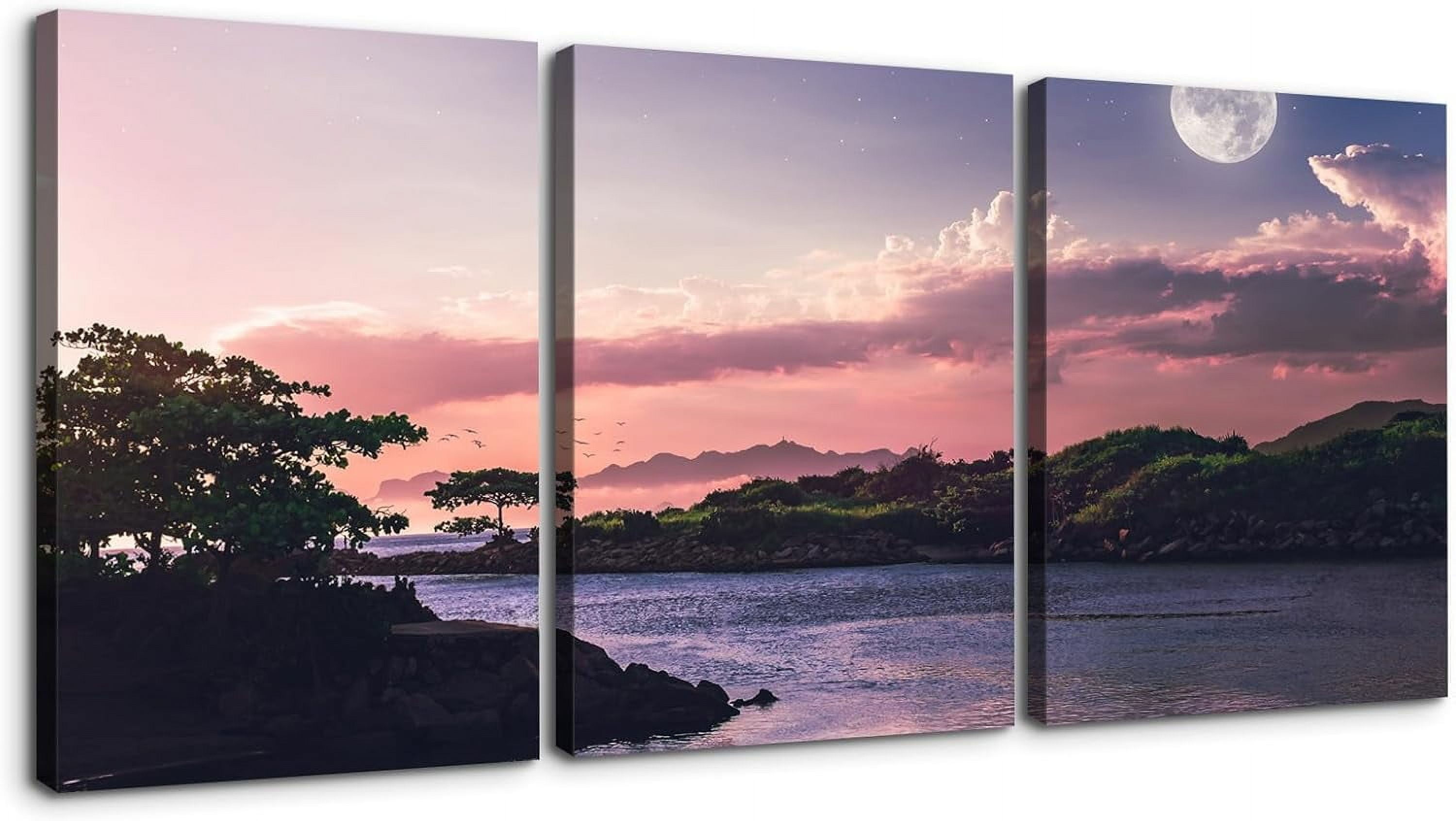 3 Panel of Moon Moonlight Canvas Wall Art for Home Office Decor - Ocean ...