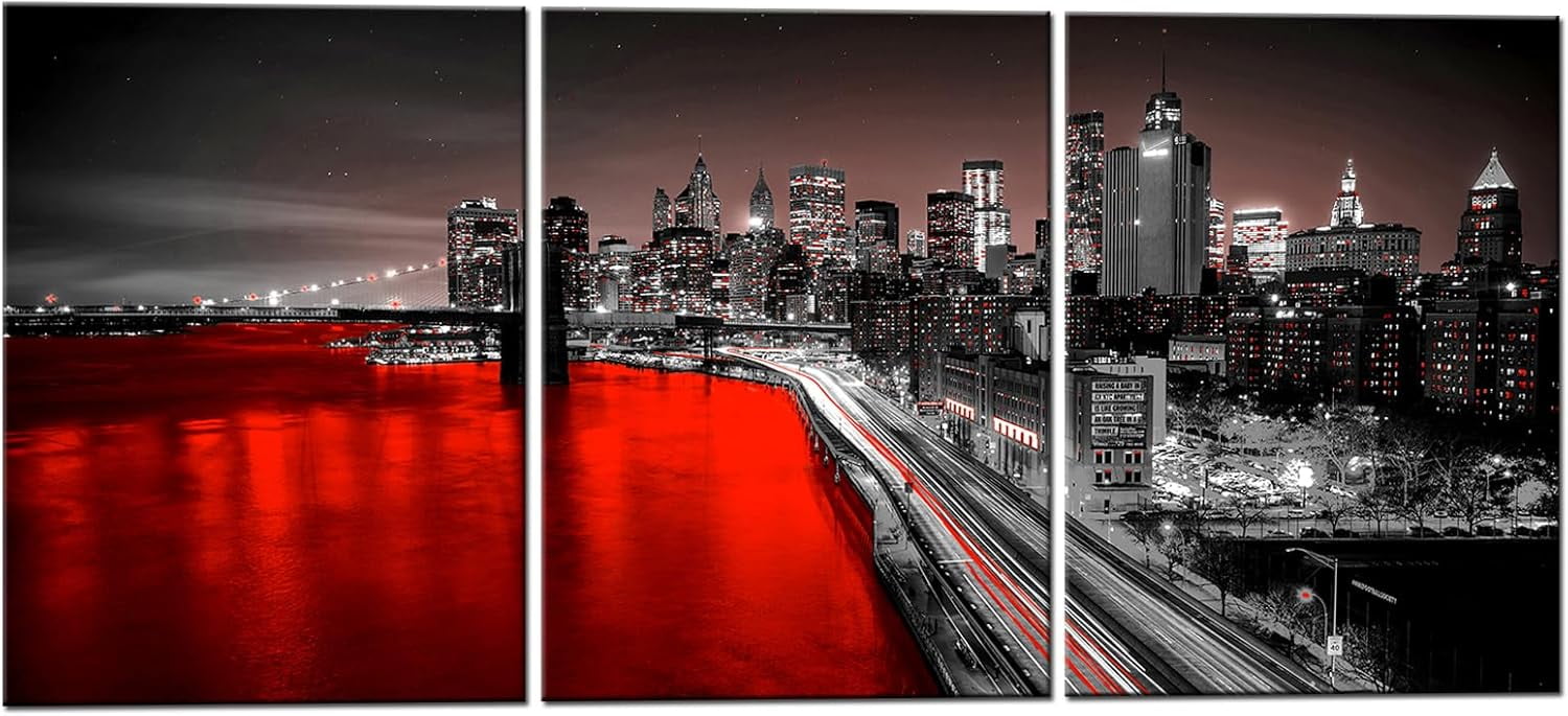 3 Panel New York City Wall Art Canvas Brooklyn Bridge Night View Picture Print Modern Black and ...