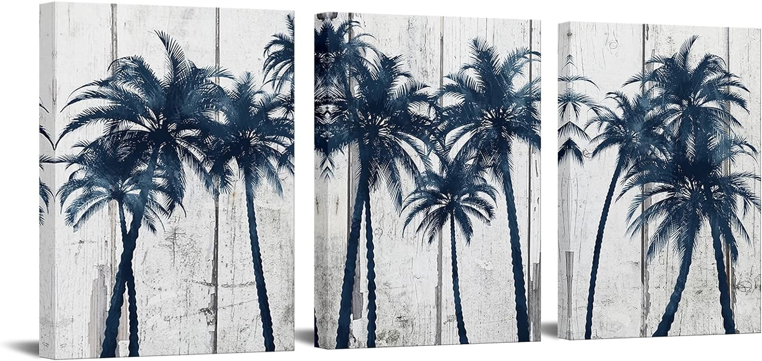 3 Panel Palm Tree Wall Art Rustic Navy Tropical Tree Painting on Canvas ...