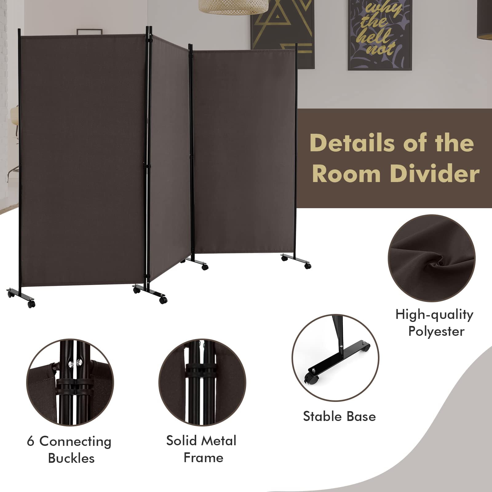 3 Panel Partition Room Divider with Wheels, 103"W x 71"H Folding ...