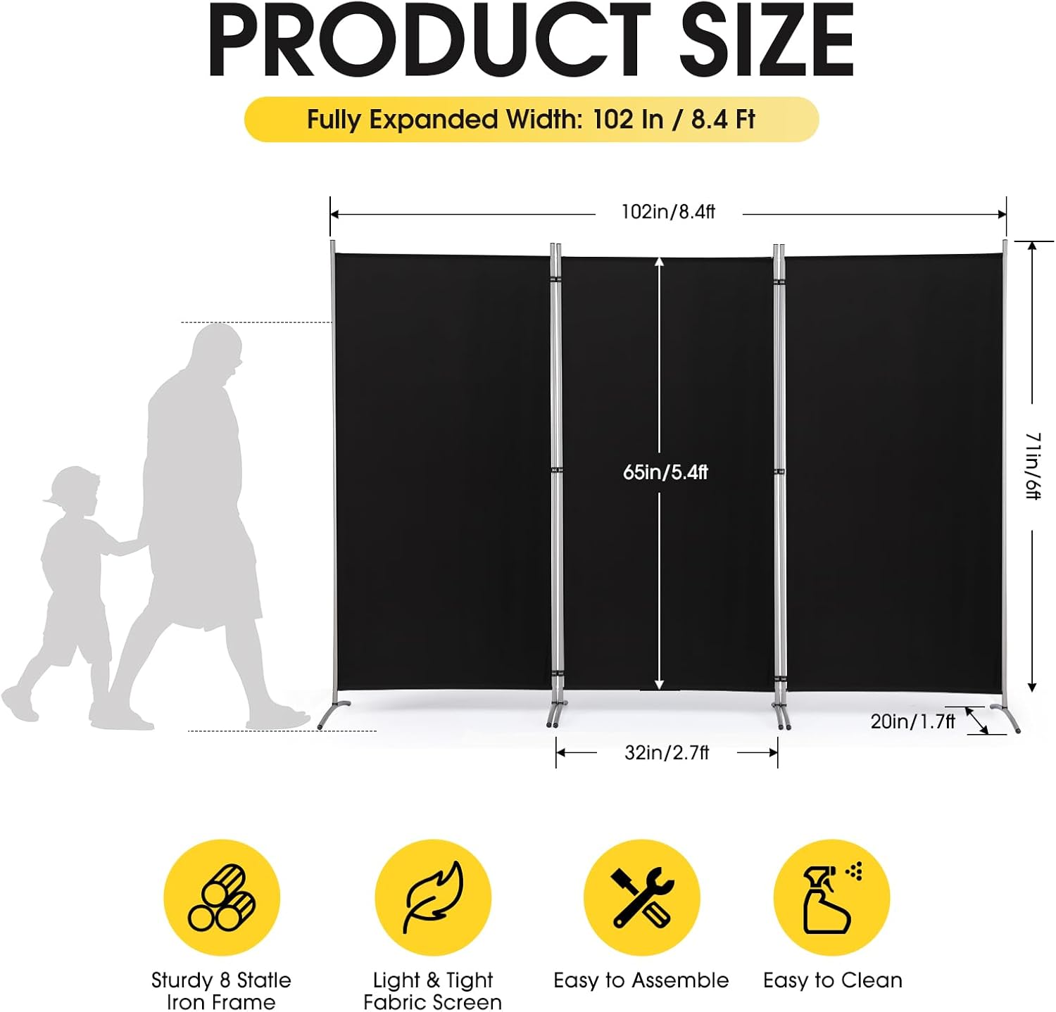 3 Panel Privacy Screen, 6 Ft Tall Folding Room Divider, Freestanding ...