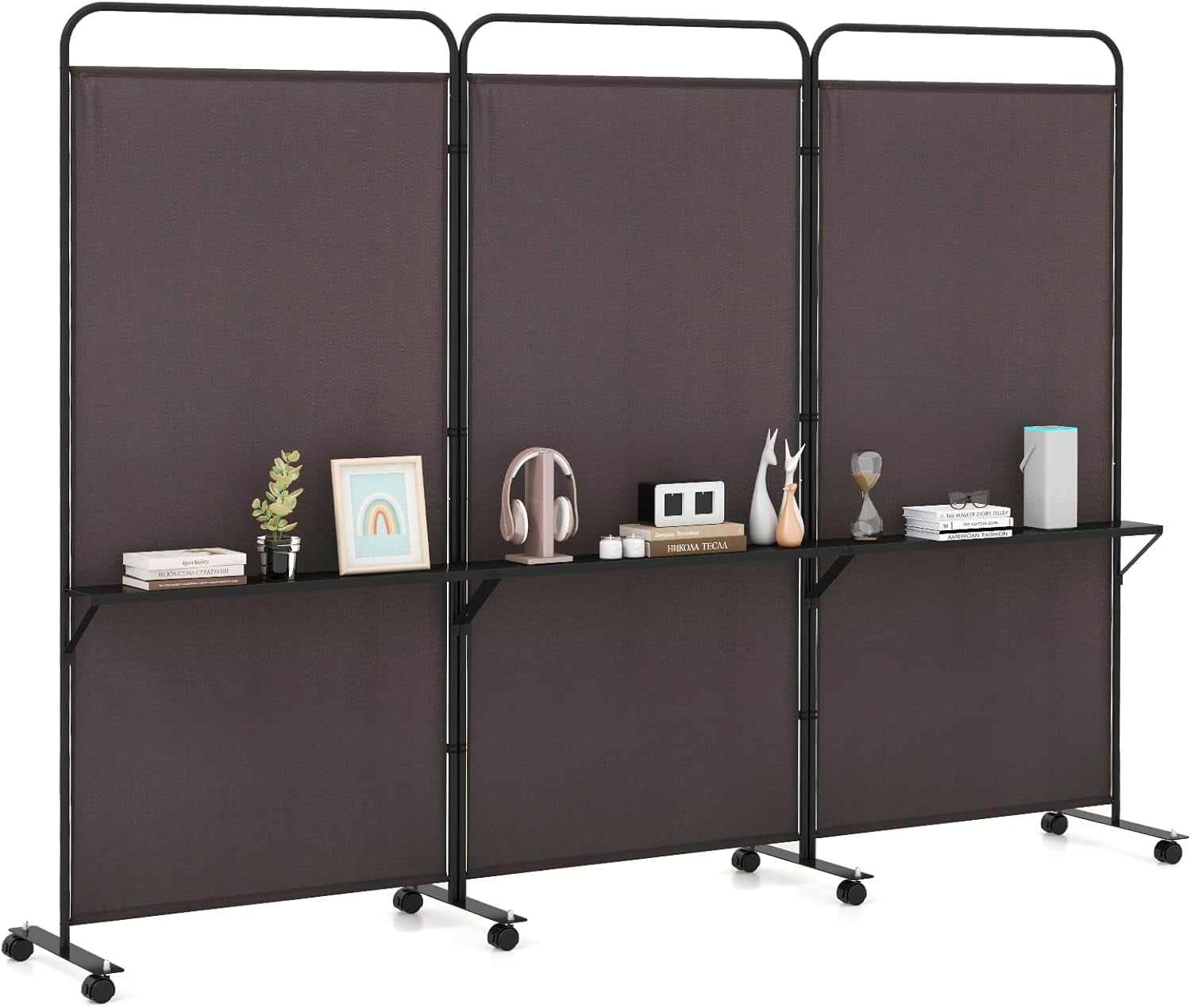 3 Panel Room Divider with Storage Shelves, 6FT Folding Privacy Screen ...