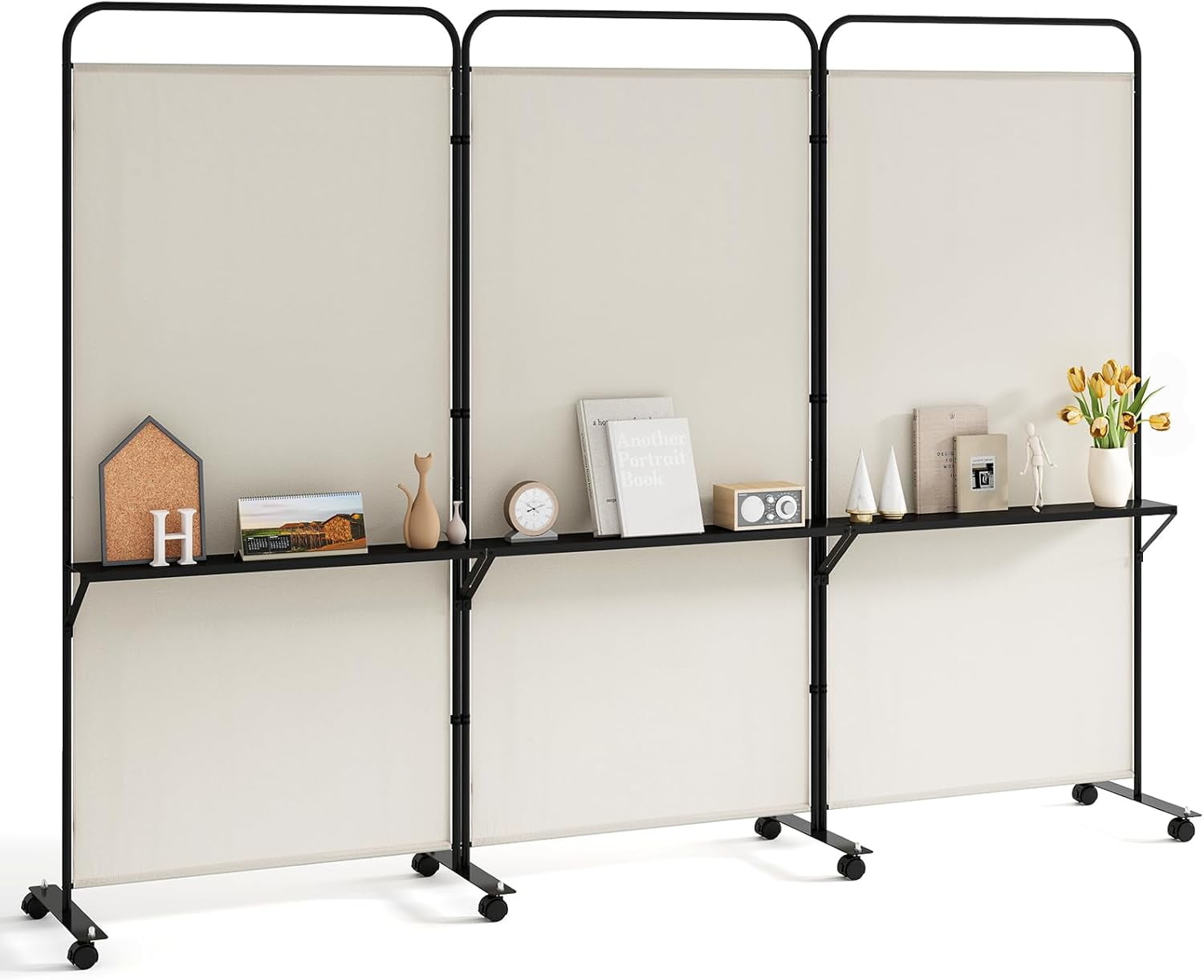 3 Panel Room Divider with Wheels and Shelves, 103" W x 74" H Folding ...